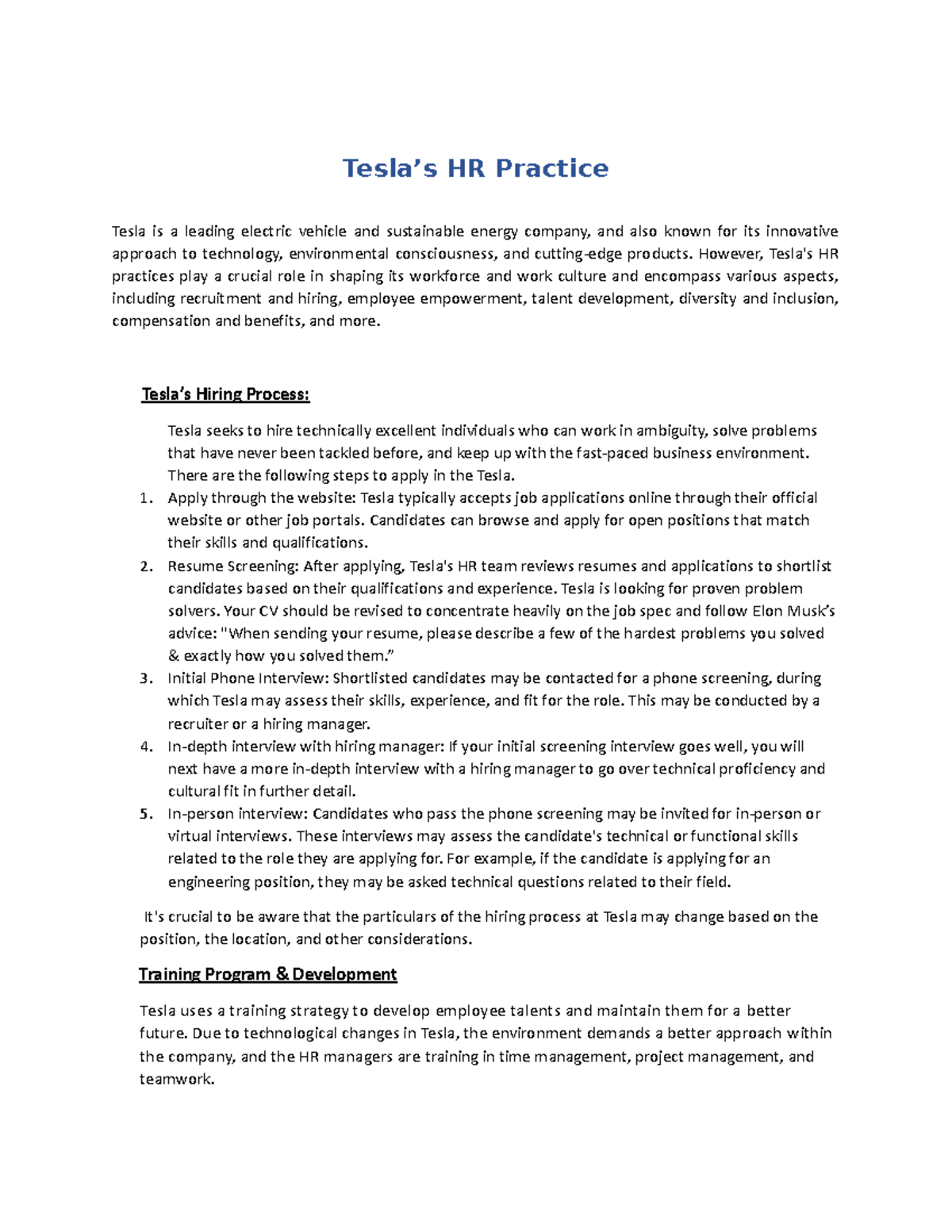 Tesla's HR Practice - Tesla’s HR Practice Tesla is a leading electric ...