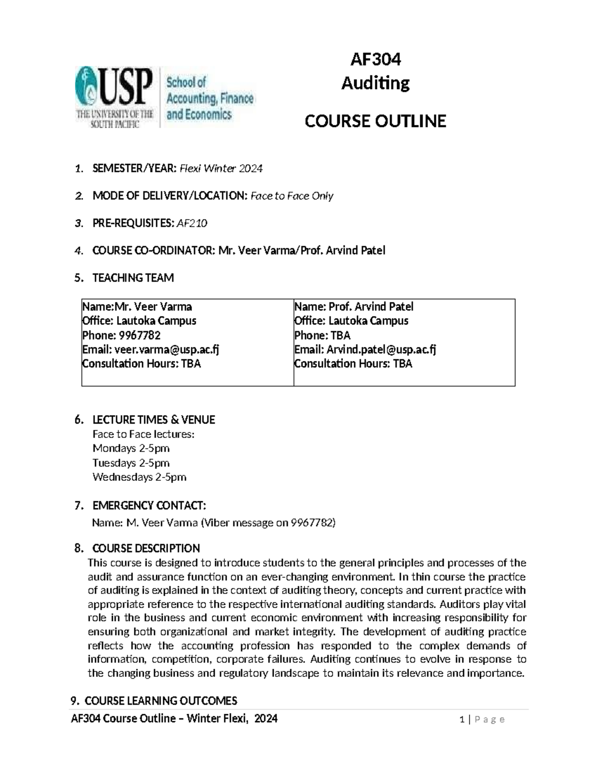 AF304 Course Outline winter - AF Auditing COURSE OUTLINE 1. SEMESTER ...