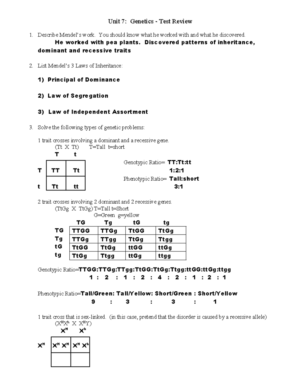 Genetics+Test+-+Review+Sheet+-+KEY+2022 - Unit 7: Genetics - Test ...