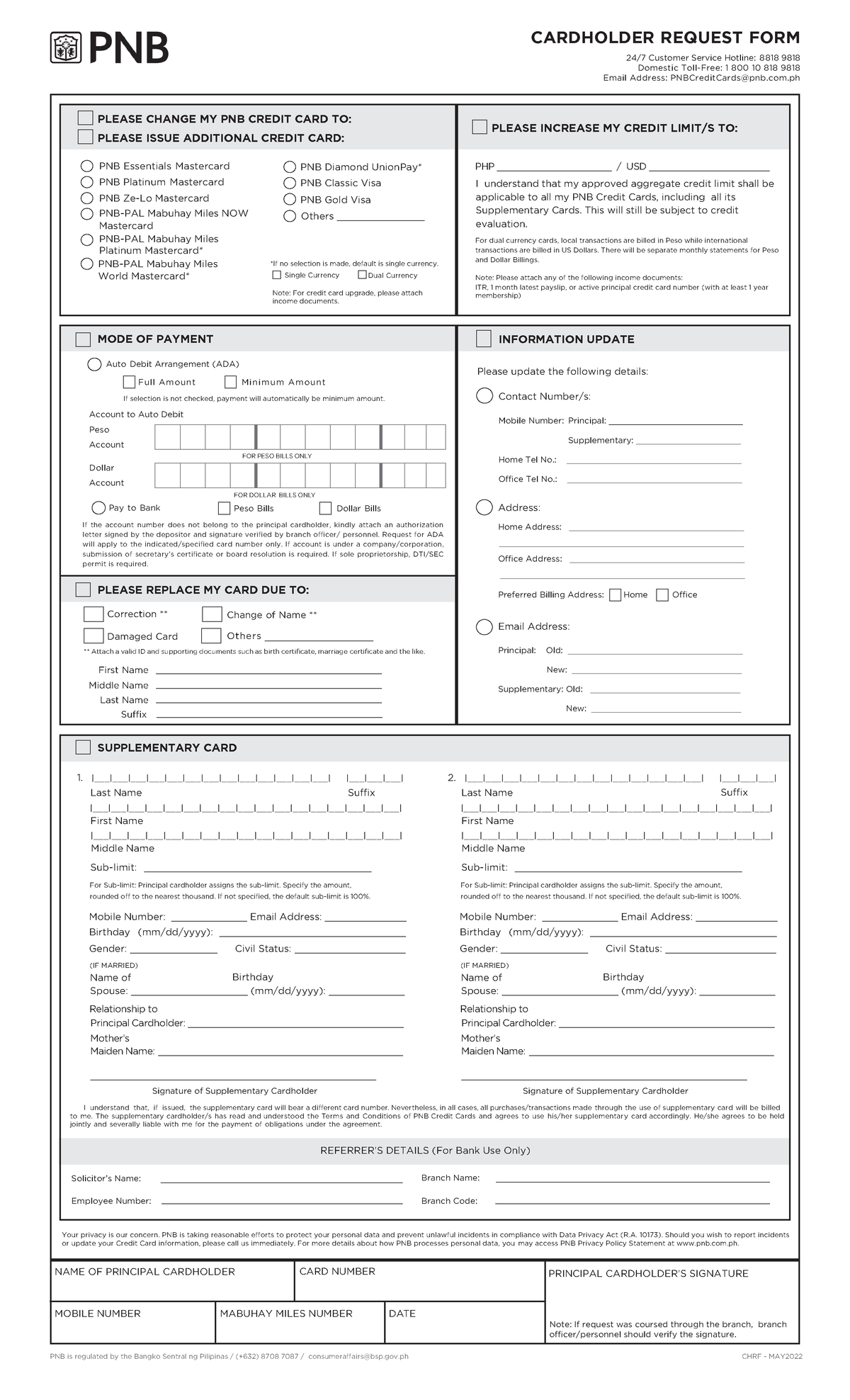 Cardholder-Request-Form - PLEASE CHANGE MY PNB CREDIT CARD TO: PLEASE ...