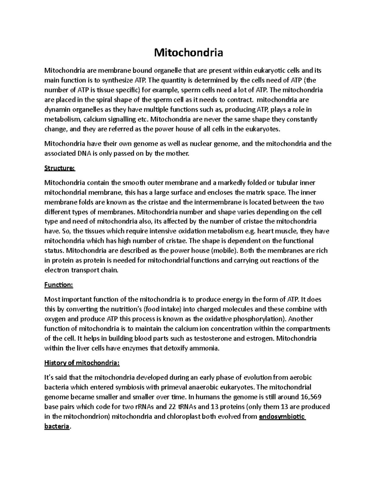 Mitochondria - notes from first year - Mitochondria Mitochondria are ...