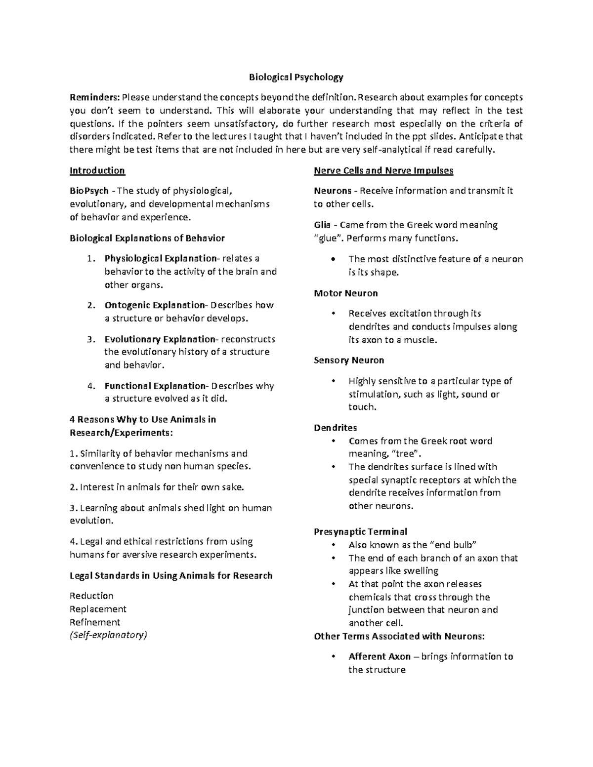 Biological Psychology Reviewer - BS Psychology - Studocu