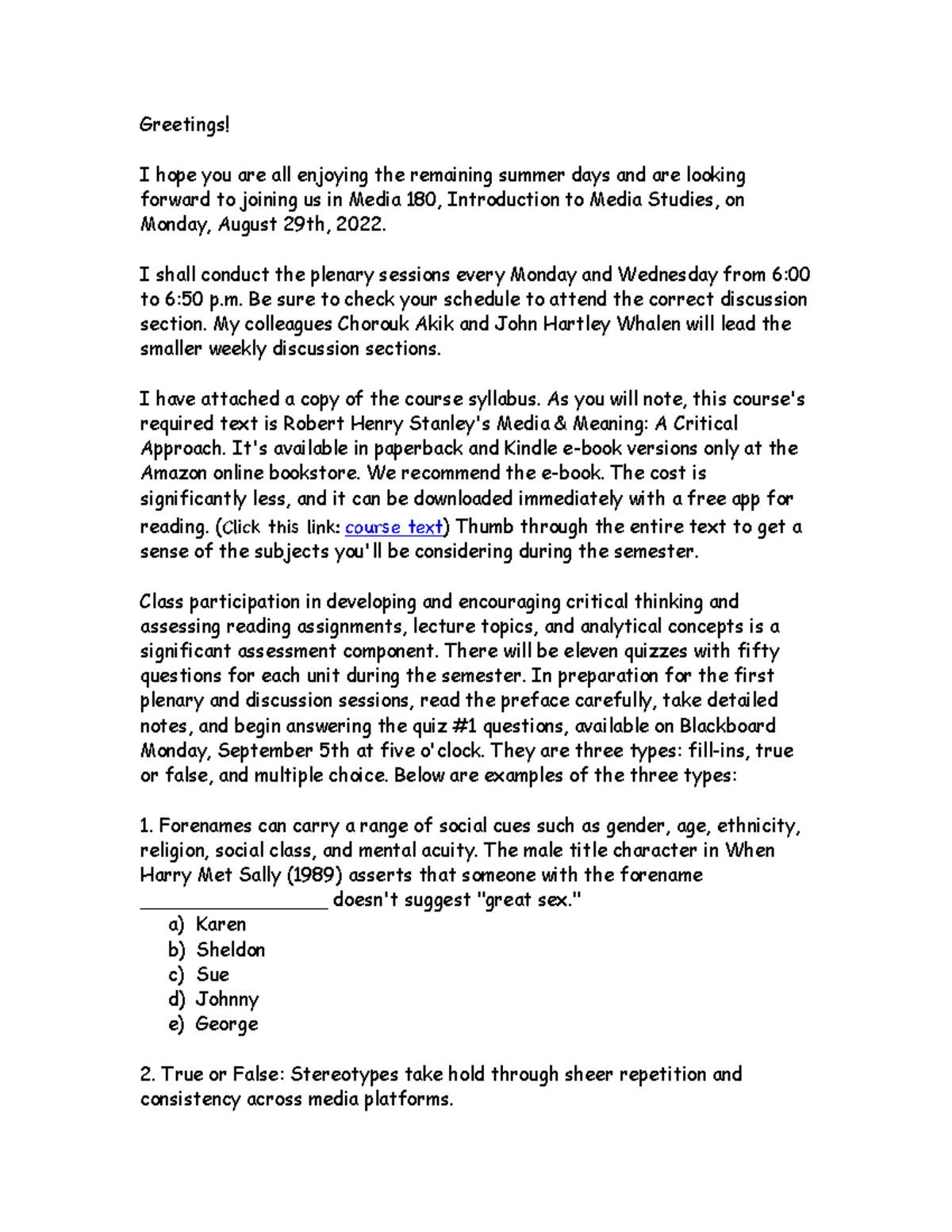 Evening session letter - Greetings! I hope you are all enjoying the ...
