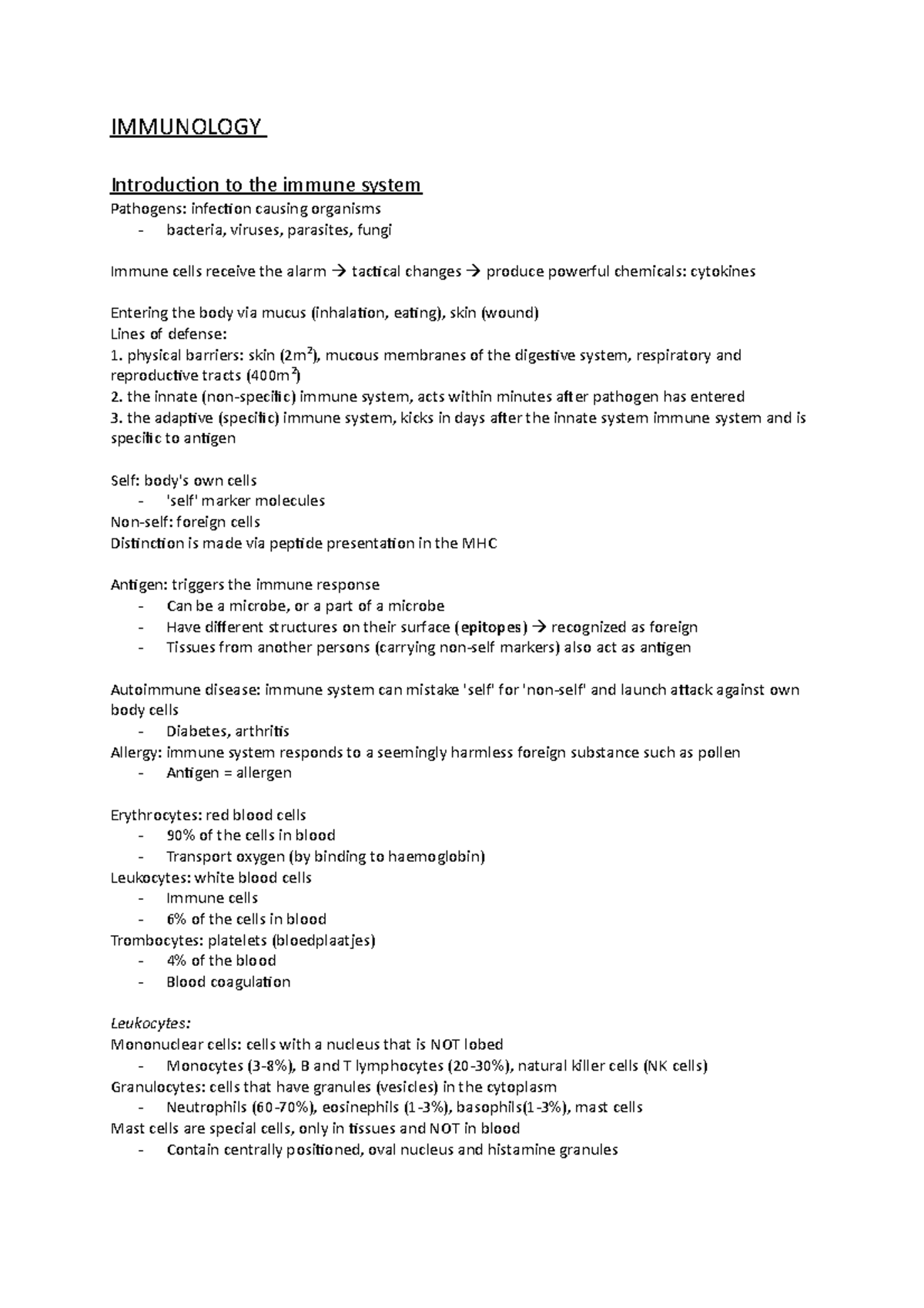 Samenvatting reader CBI - IMMUNOLOGY Introduction to the immune system ...