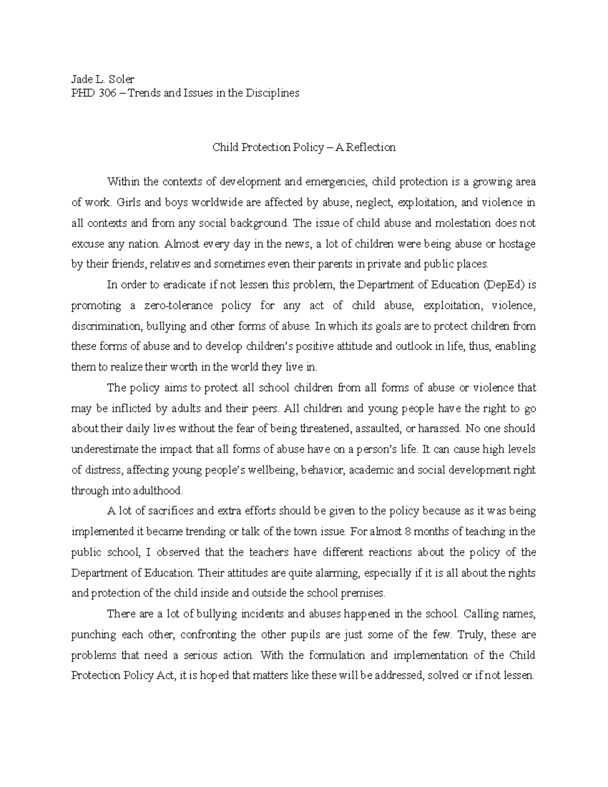 Reflection 1- Child Protection Policy - Jade L. Soler PHD 306 – Trends and Issues in the ...