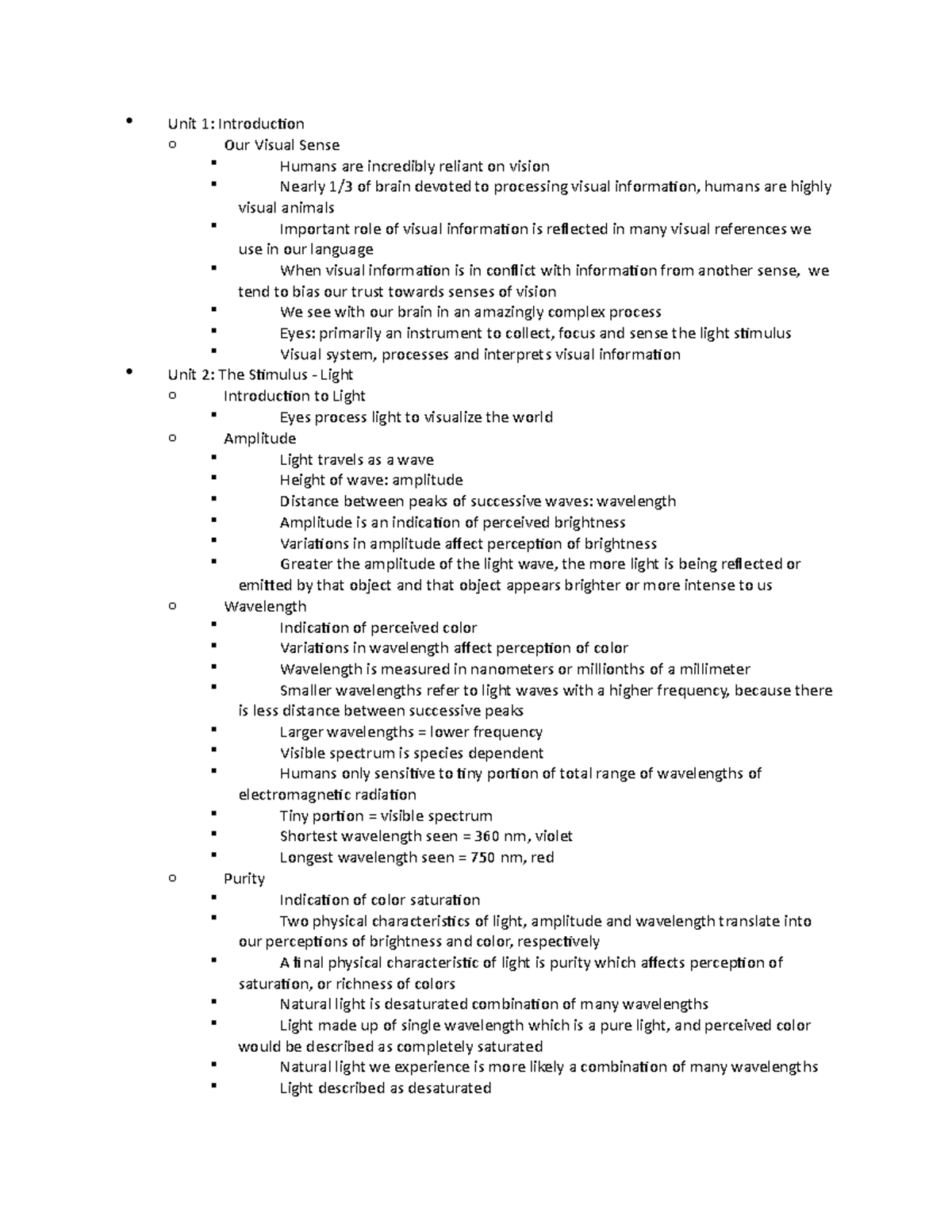 PSYCH 1XX3 - Vision Notes - Unit 1: Introduction o Our Visual Sense ...