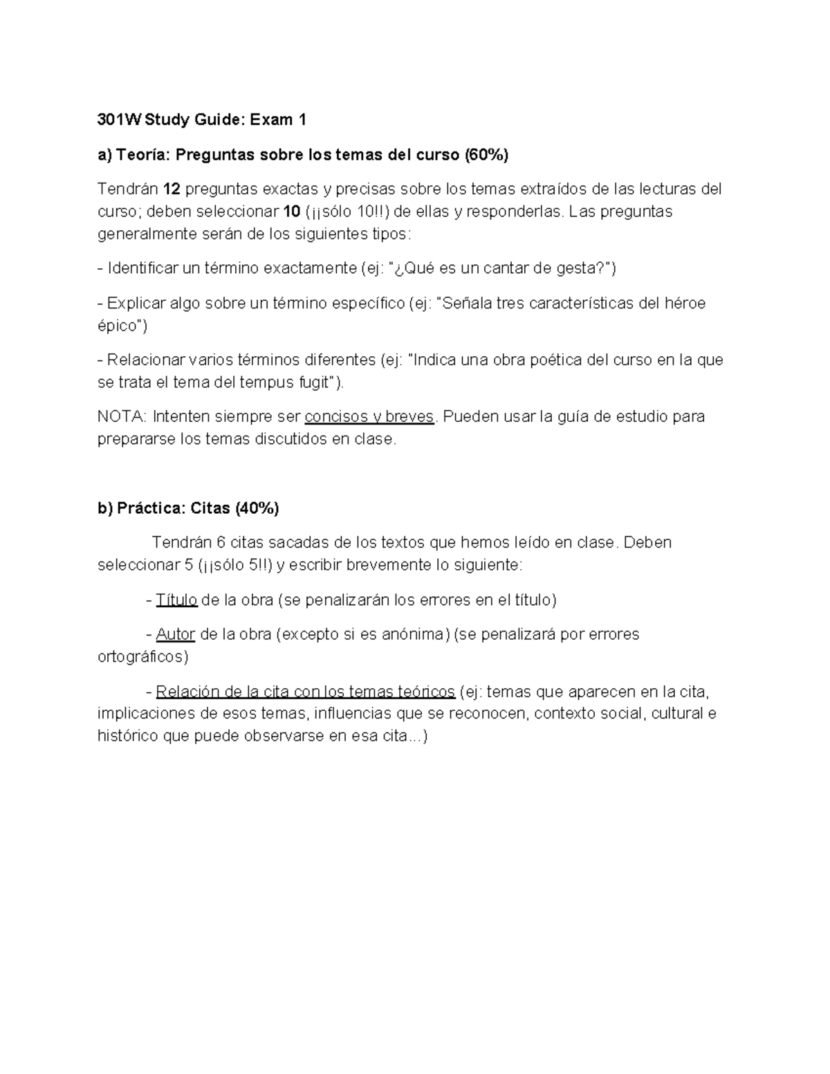SPAN 301W Study Guide Exam 1 - 301W Study Guide: Exam 1 a) Teoría ...