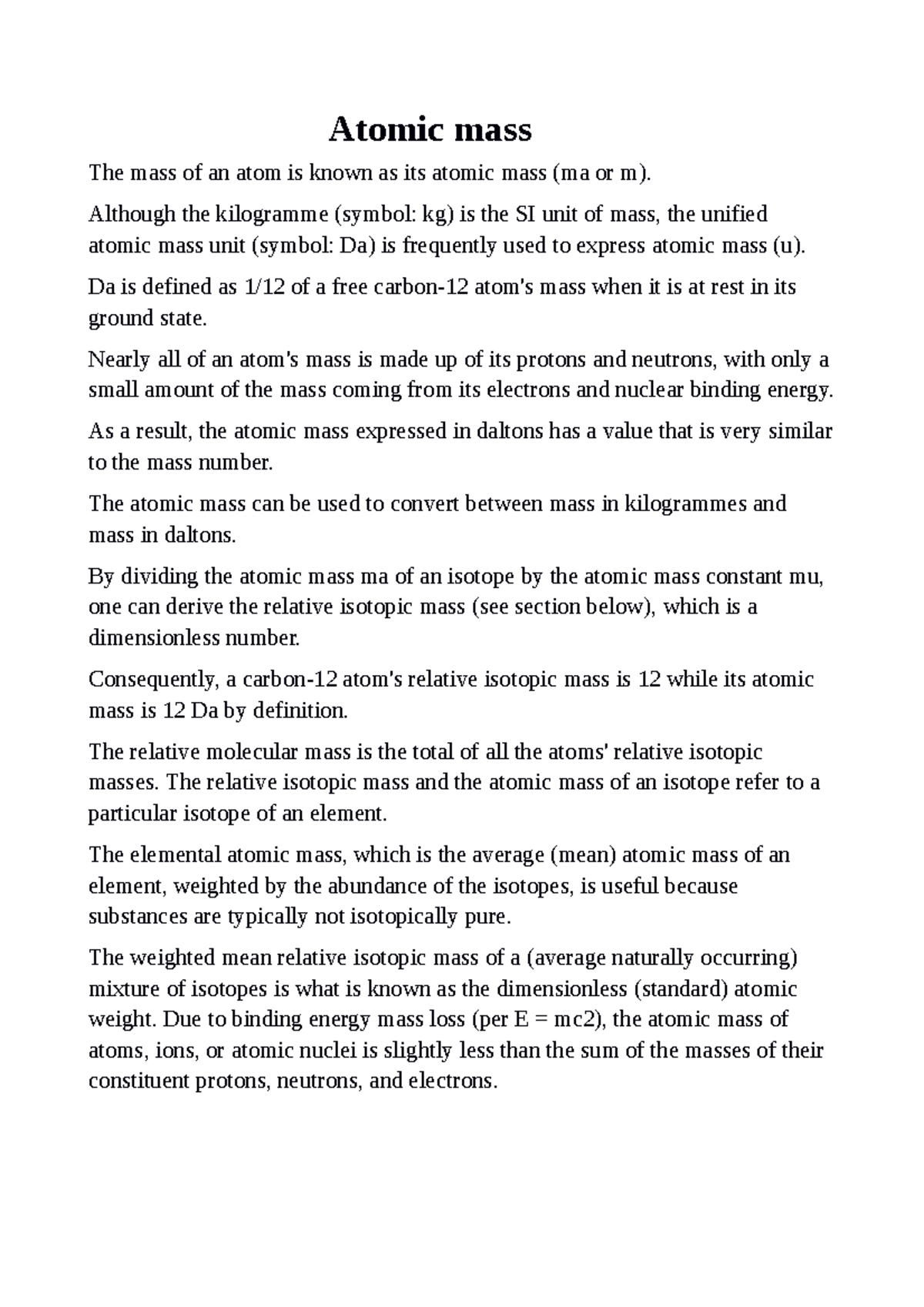 Atomic mass - shafina - Atomic mass The mass of an atom is known as its ...