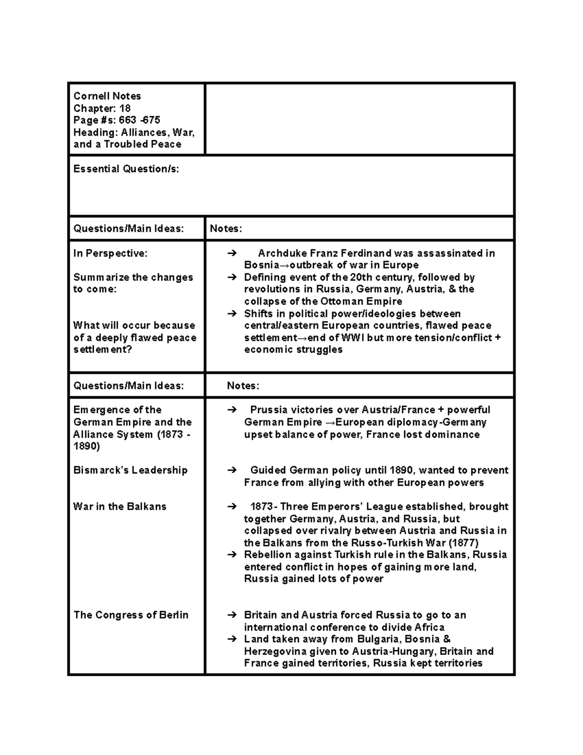 AP Euro Notes-World War I - Cornell Notes Chapter: 18 Page #s: 663 ...