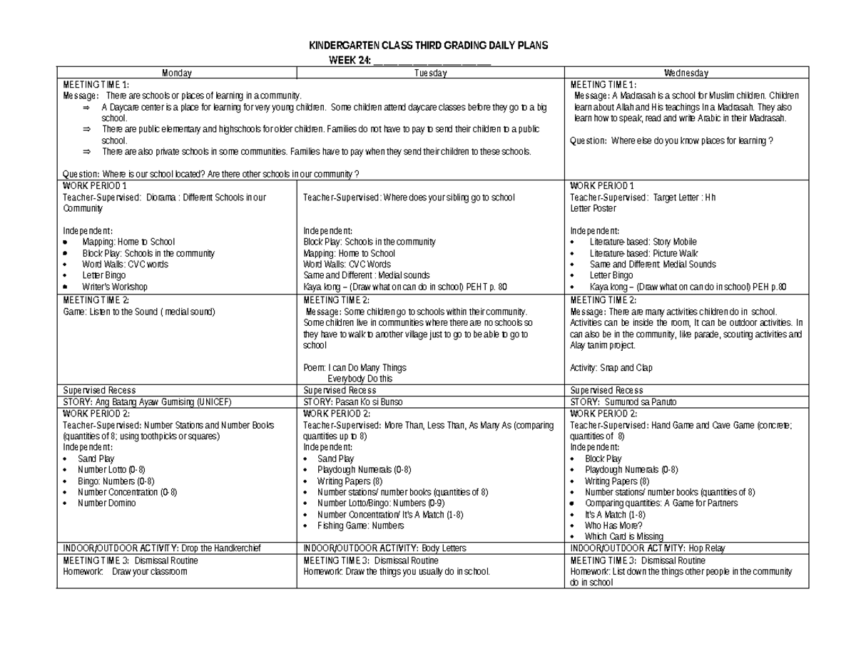Kindergarten Lesson Plan Week 24 - KINDERGARTEN CLASS THIRD GRADING ...