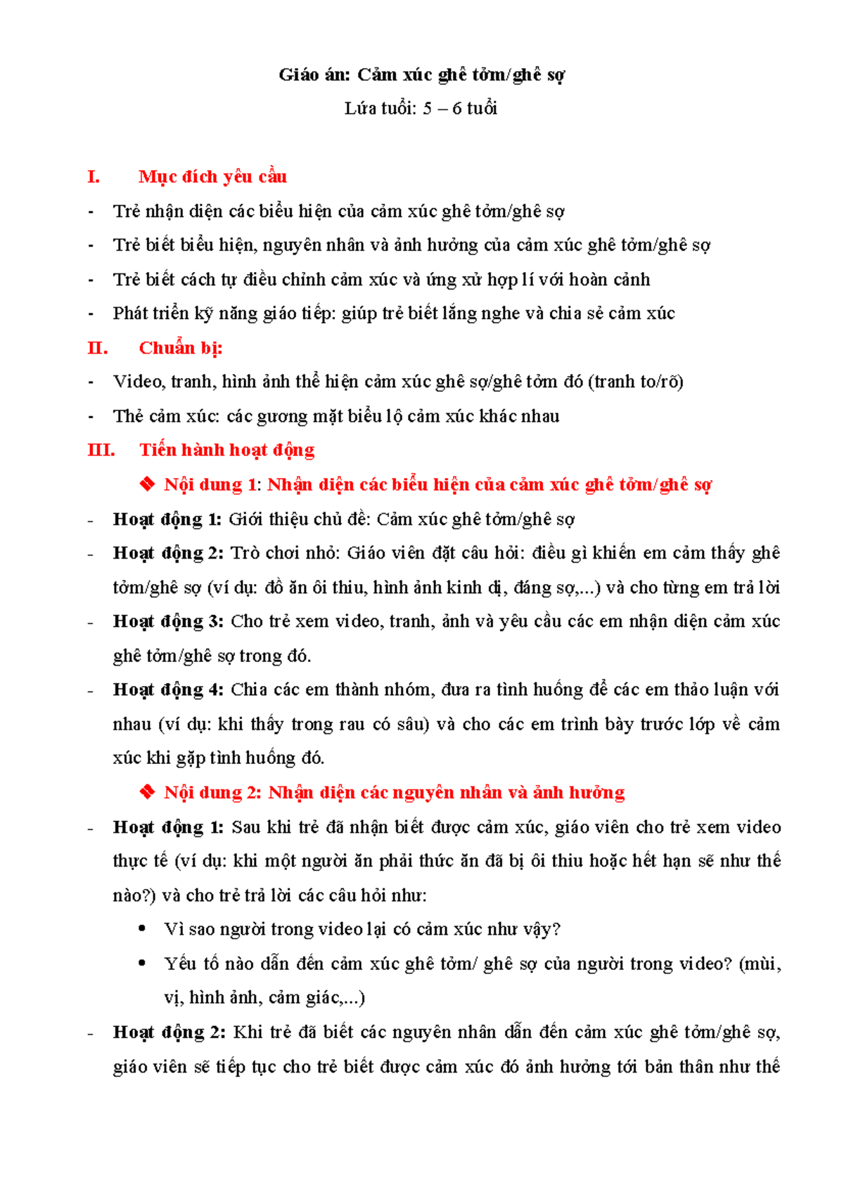 Giáo án Giáo Dục Học Mầm Non Giáo án Cảm Xúc Ghê Tởmghê Sợ Lứa