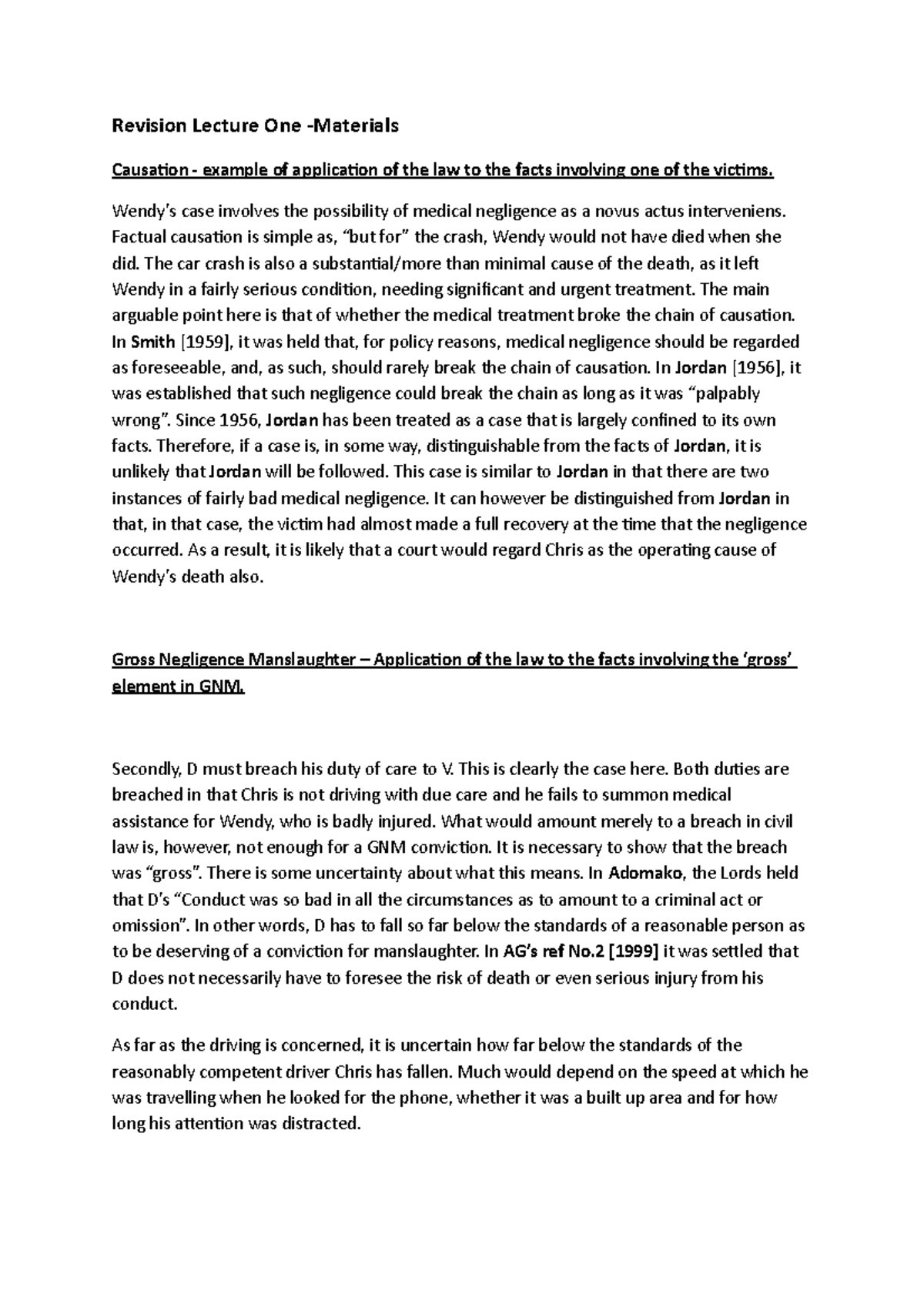 Criminal Law - Causation Exam Notes - Revision Lecture One -Materials ...