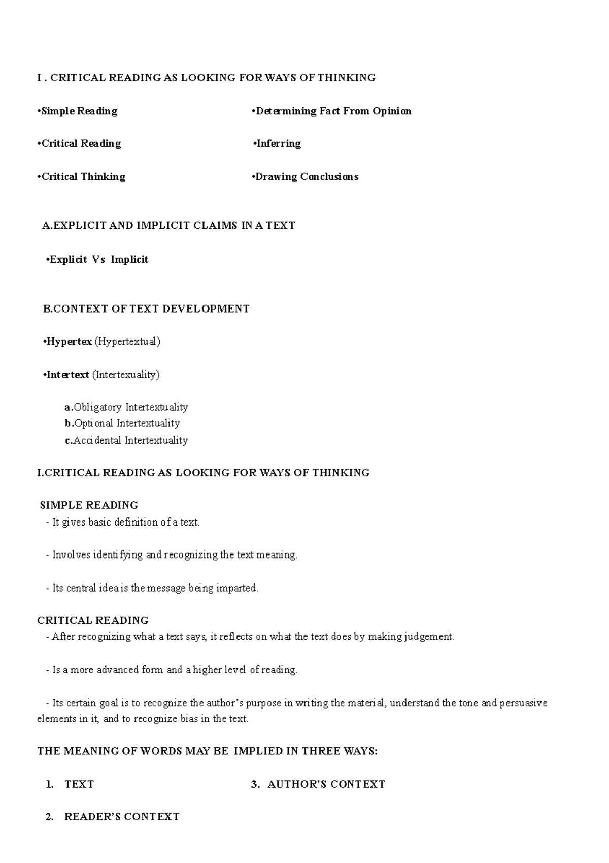 Written-Report - Notes - I. CRITICAL READING AS LOOKING FOR WAYS OF ...