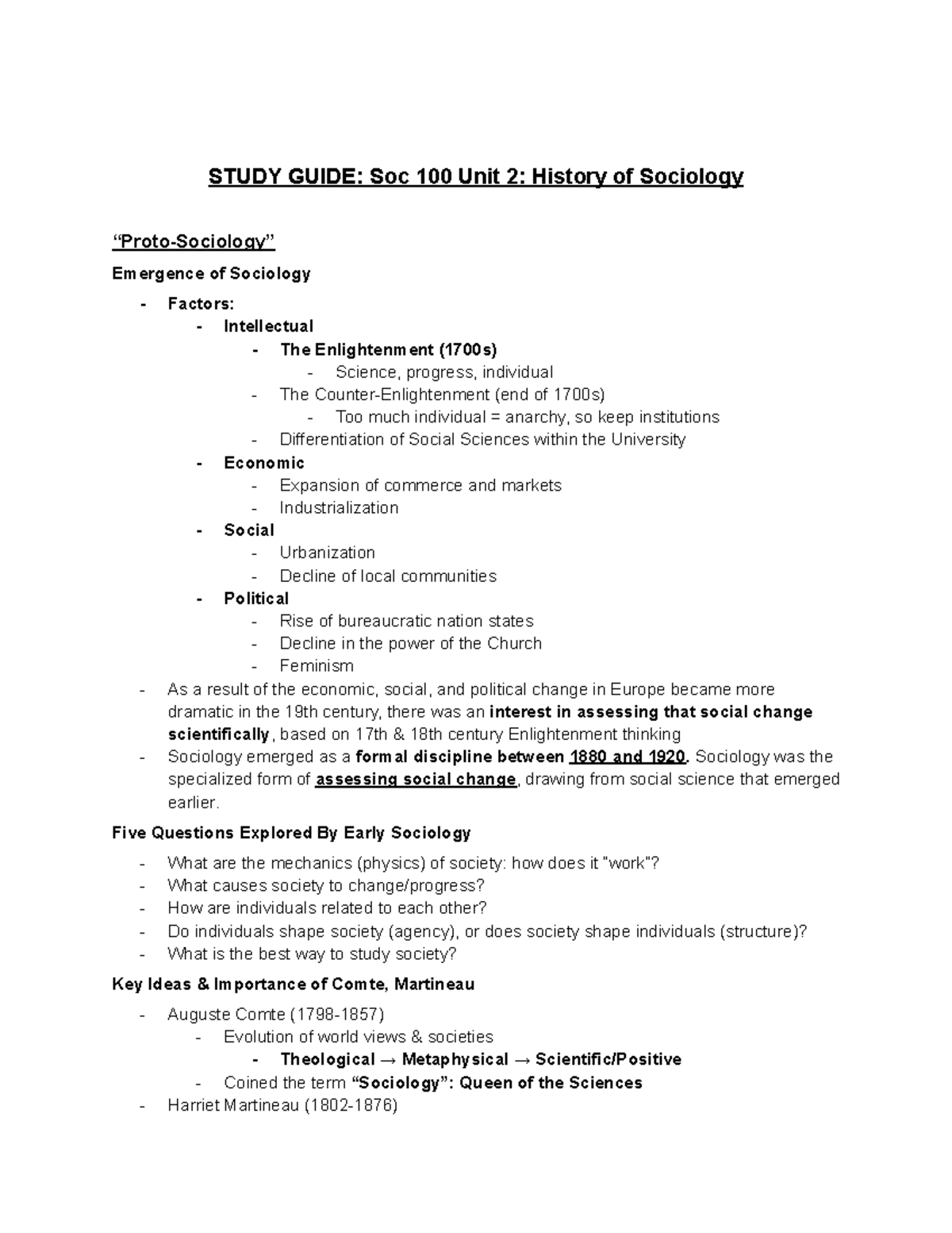 SOC100 Midterm 2 Study - STUDY GUIDE: Soc 100 Unit 2: History of Sociology