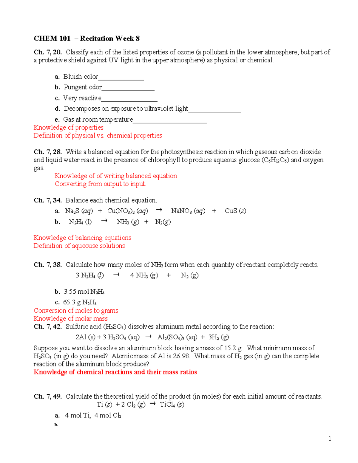 CHEM 101 Recitation Week 8 - CHEM 101 – Recitation Week 8 Ch. 7, 20 ...
