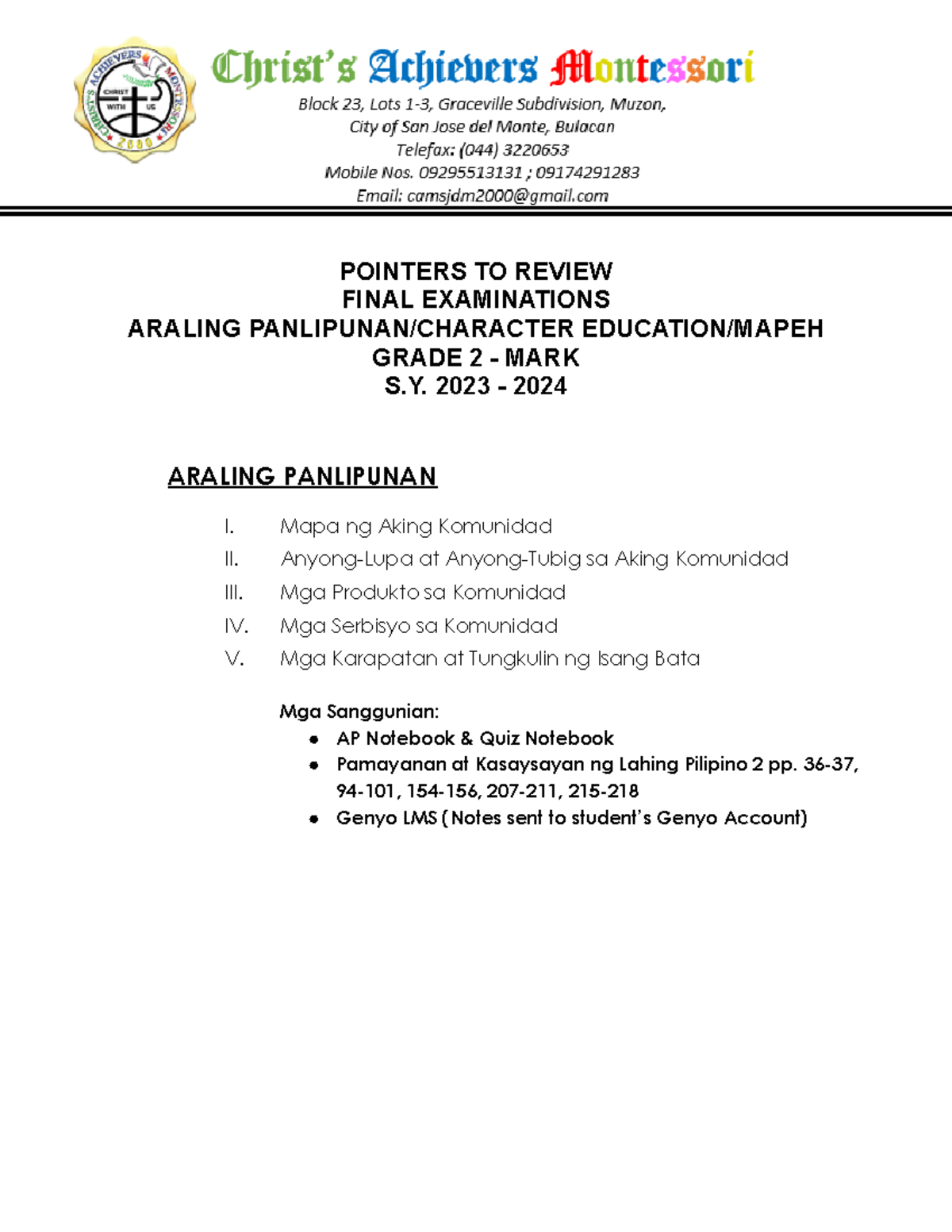 Copy of Grade 2 - AP, Character Education, and Mapeh - POINTERS TO REVIEW FINAL EXAMINATIONS ...