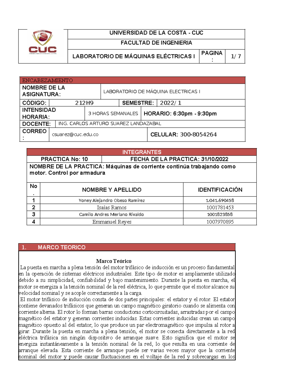 Informe Maquinas 1 - FACULTAD DE INGENIERIA LABORATORIO DE MÁQUINAS ELÉCTRICAS I PAGINA : 1/ 7 ...