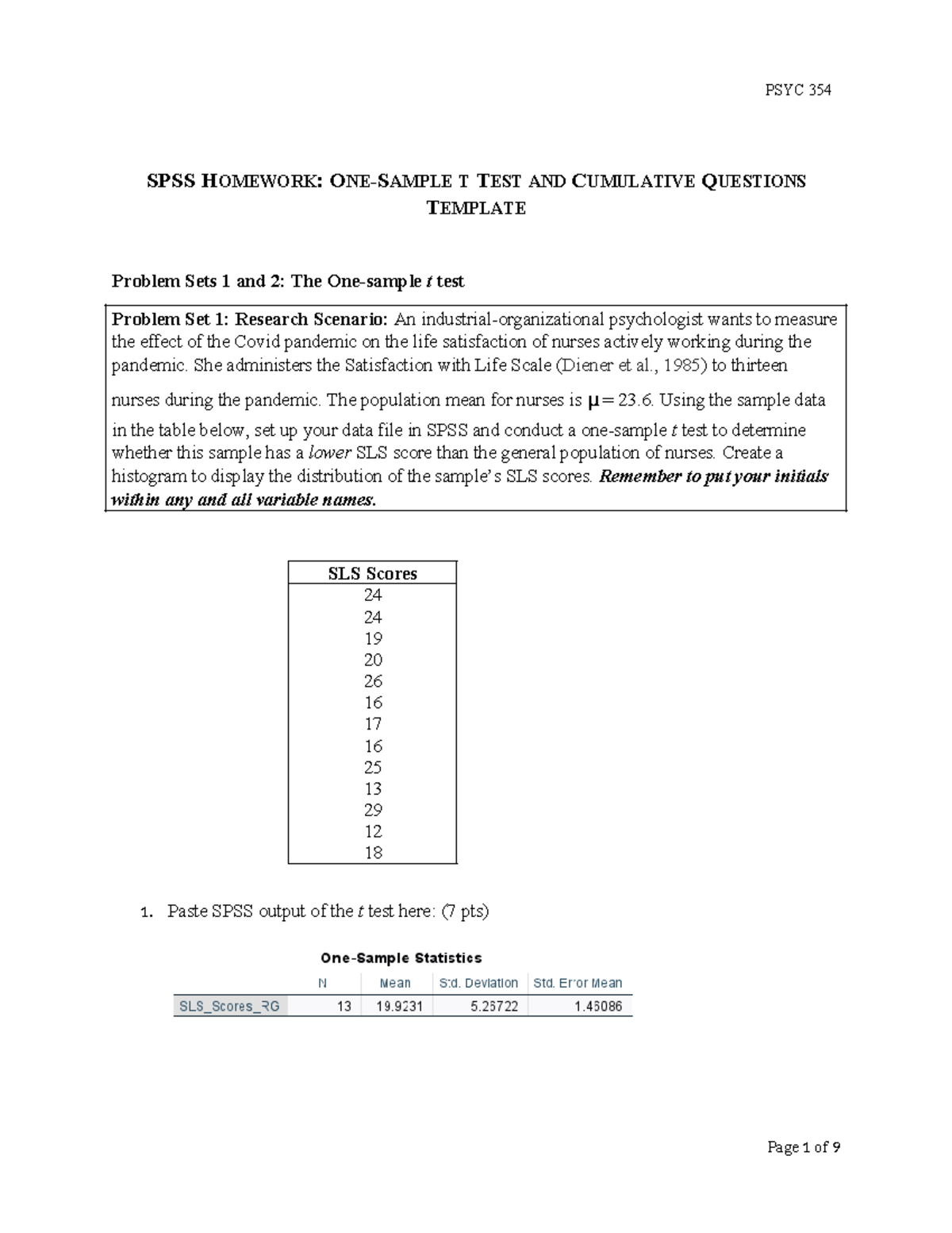 SPSS Homework One Sample t Test and Cumulative Questions Template ...