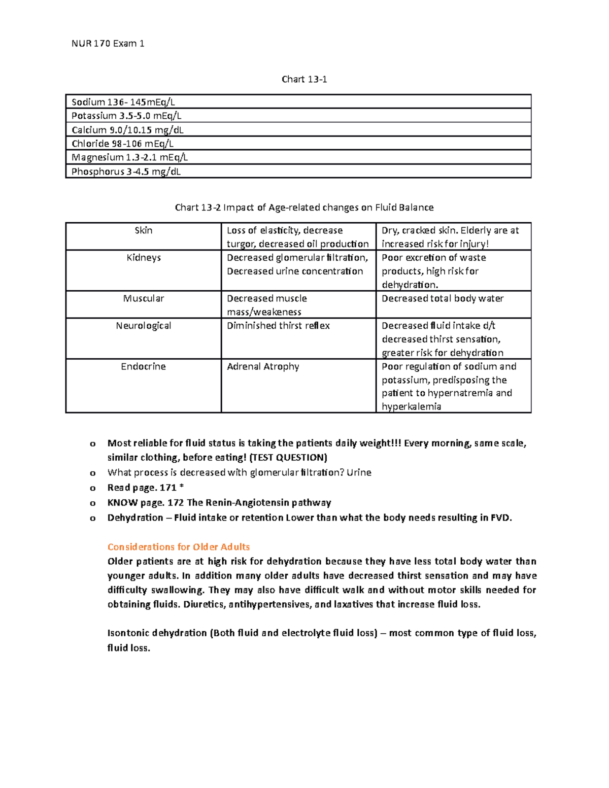 Exam 1: lecture notes for the exam along with review - Chart 13- Sodium ...