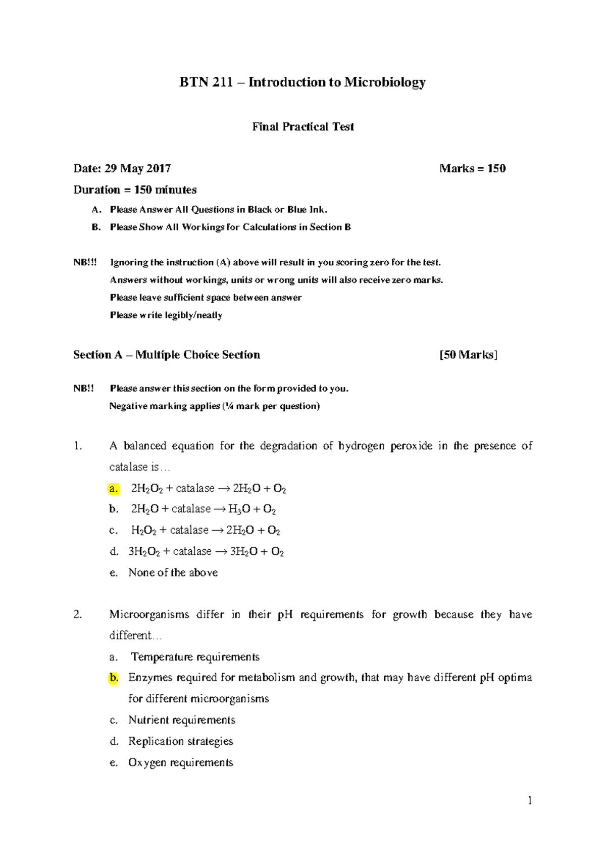 BTN 211 Final Practical Test 2017 - BTN 211 – Introduction to ...