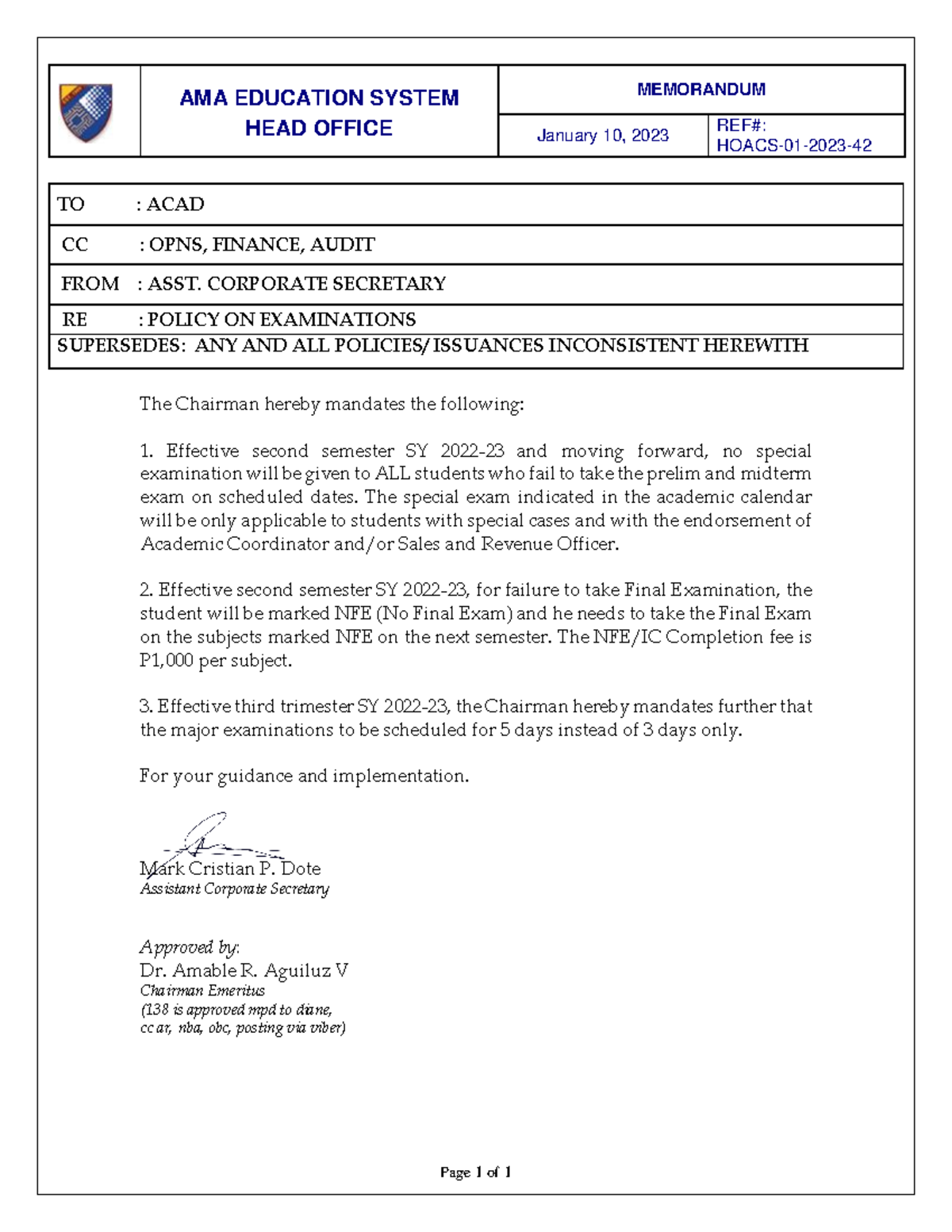 MEMO Policy on Examinations - AMA EDUCATION SYSTEM HEAD OFFICE ...