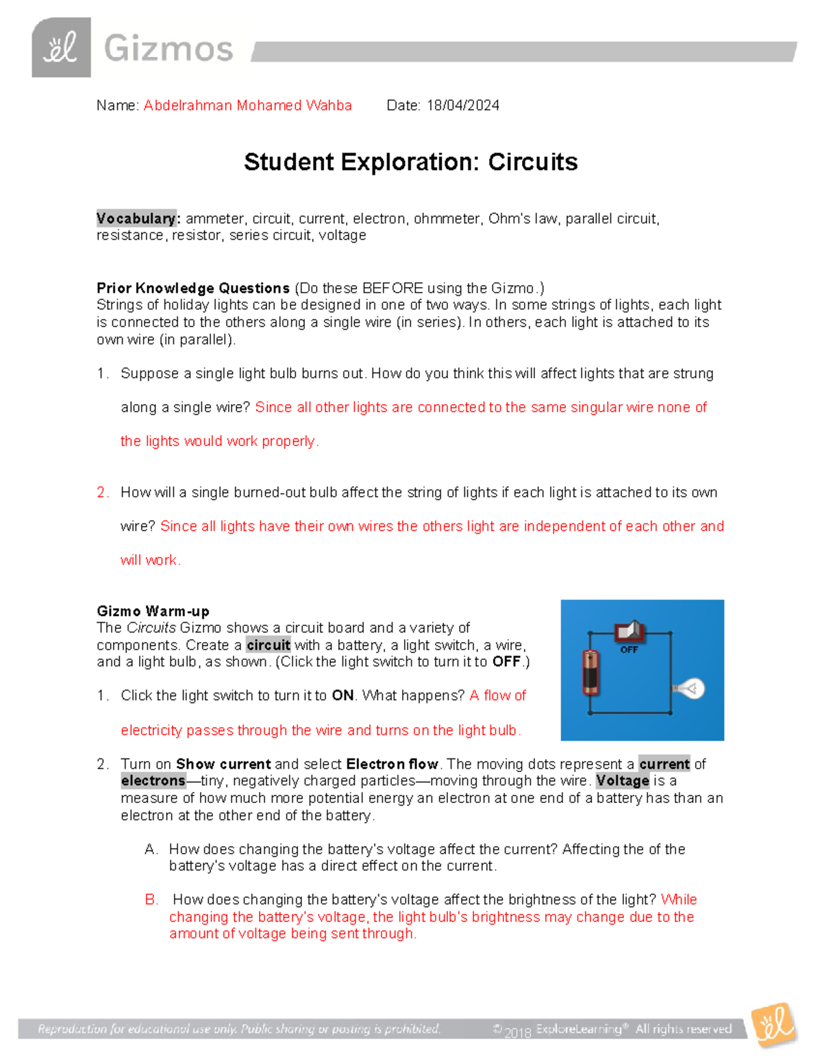 Circuits SE - Physics - Name: Abdelrahman Mohamed Wahba Date: 18/04/ Student Exploration ...