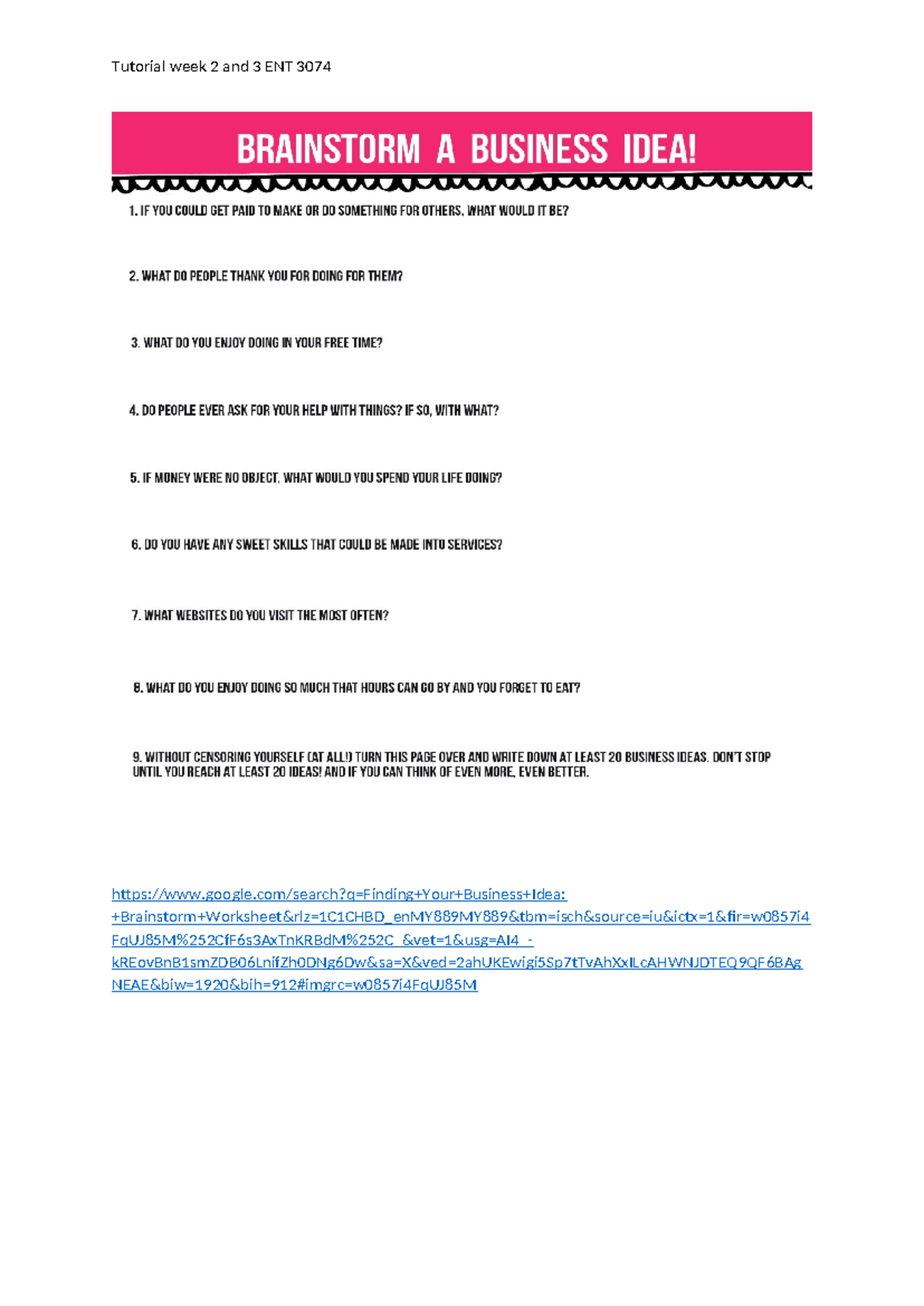 Week 2 and 3 Brainstorm - useful notes - Entrepreneurship - Tutorial ...