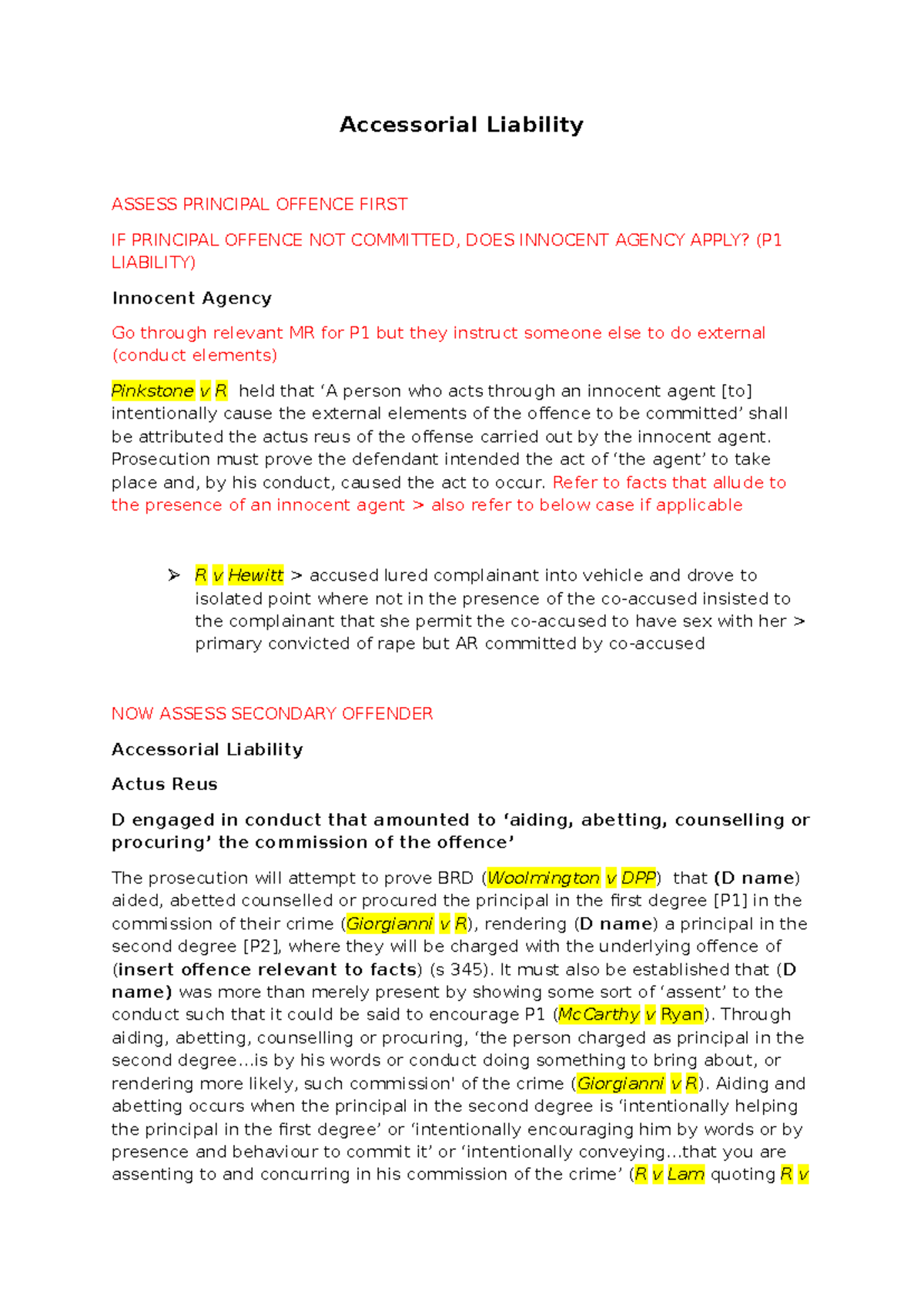Accessorial Liability - Accessorial Liability ASSESS PRINCIPAL OFFENCE FIRST IF PRINCIPAL ...