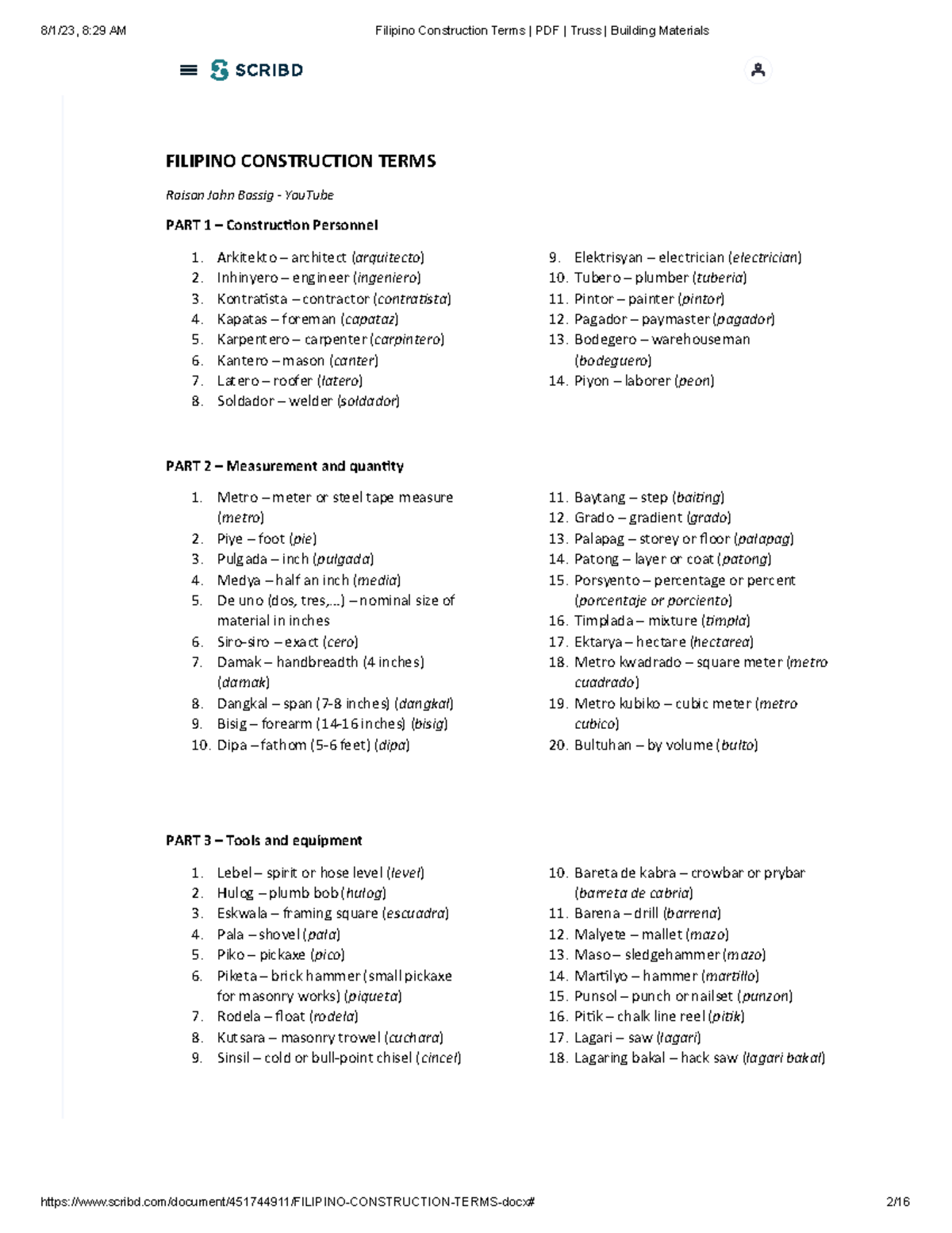 Filipino Construction Terms - FILIPINO CONSTRUCTION TERMS Raison John ...