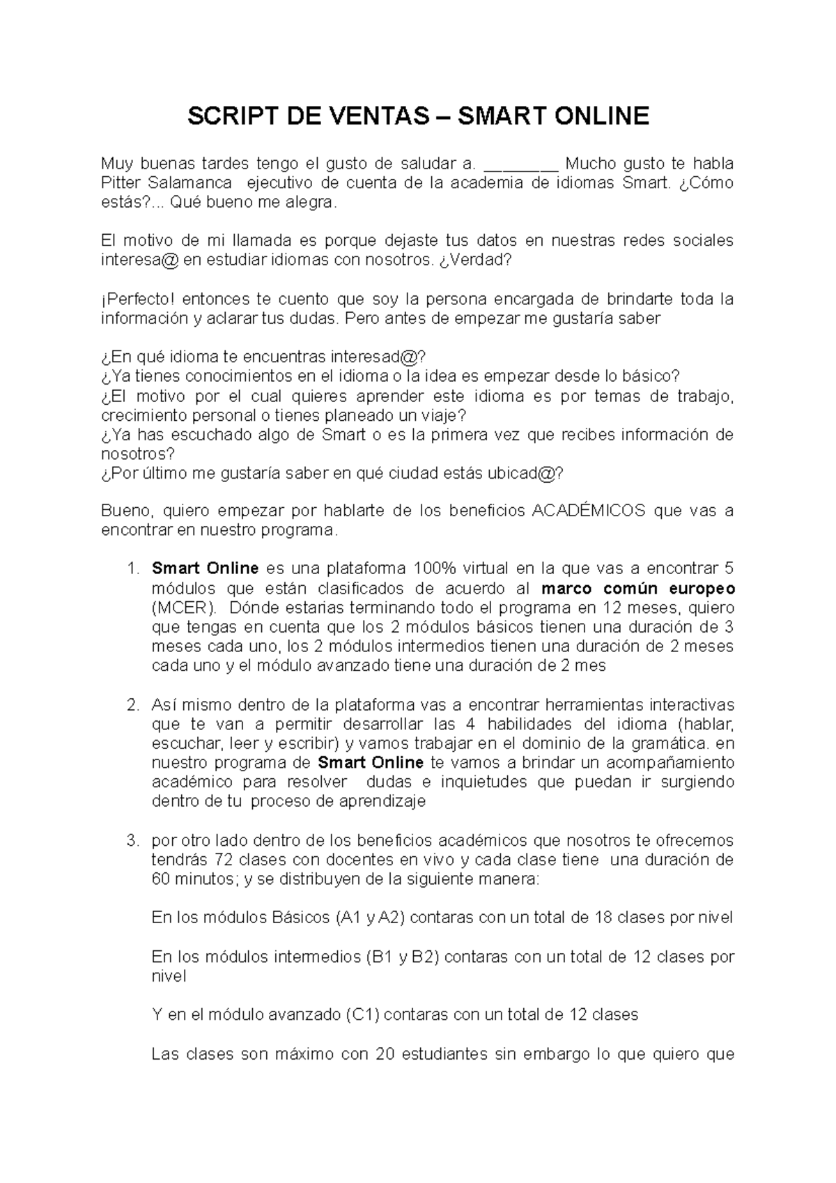 Script DE Ventas – Smart Online - SCRIPT DE VENTAS – SMART ONLINE Muy ...