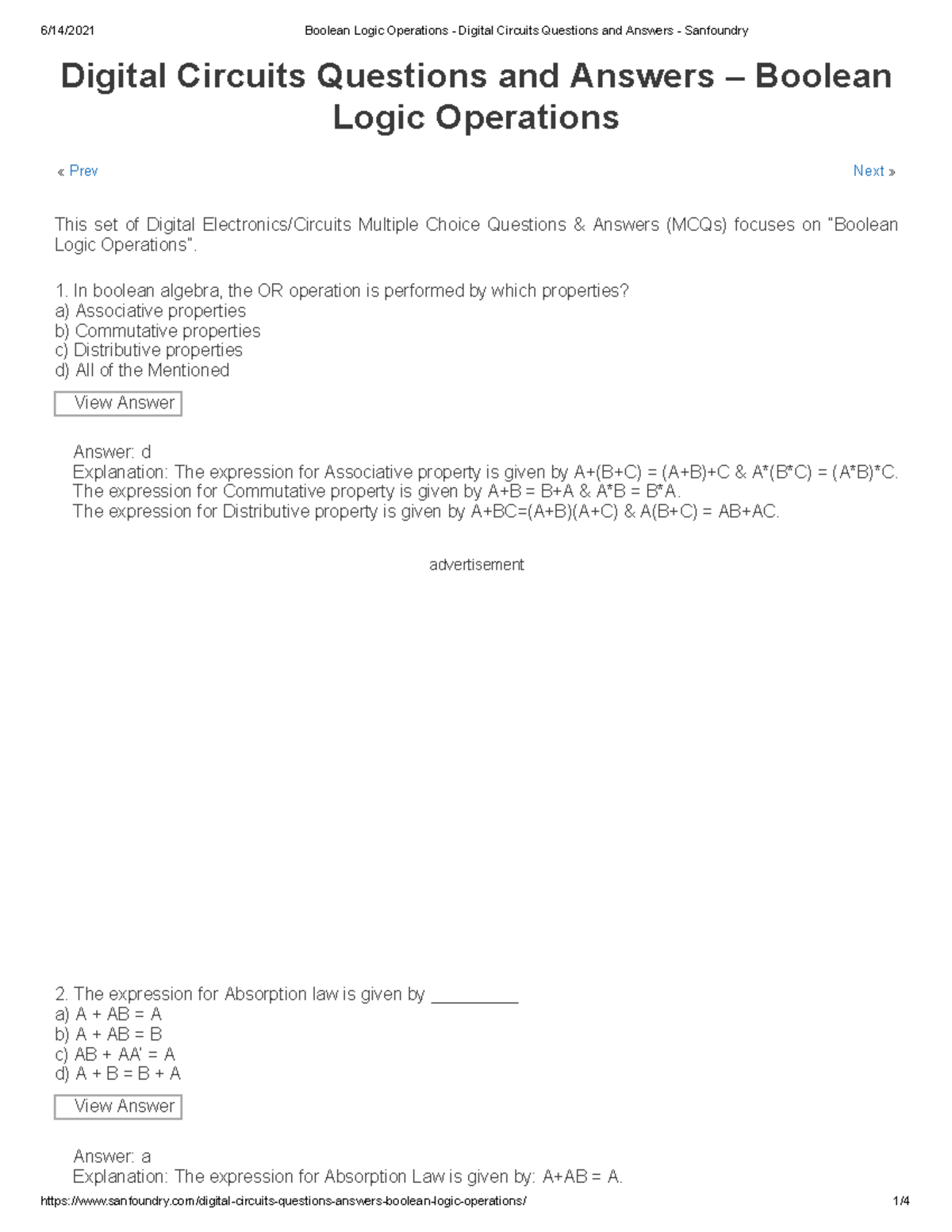 Boolean Logic Operations - Digital Circuits Questions and Answers ...