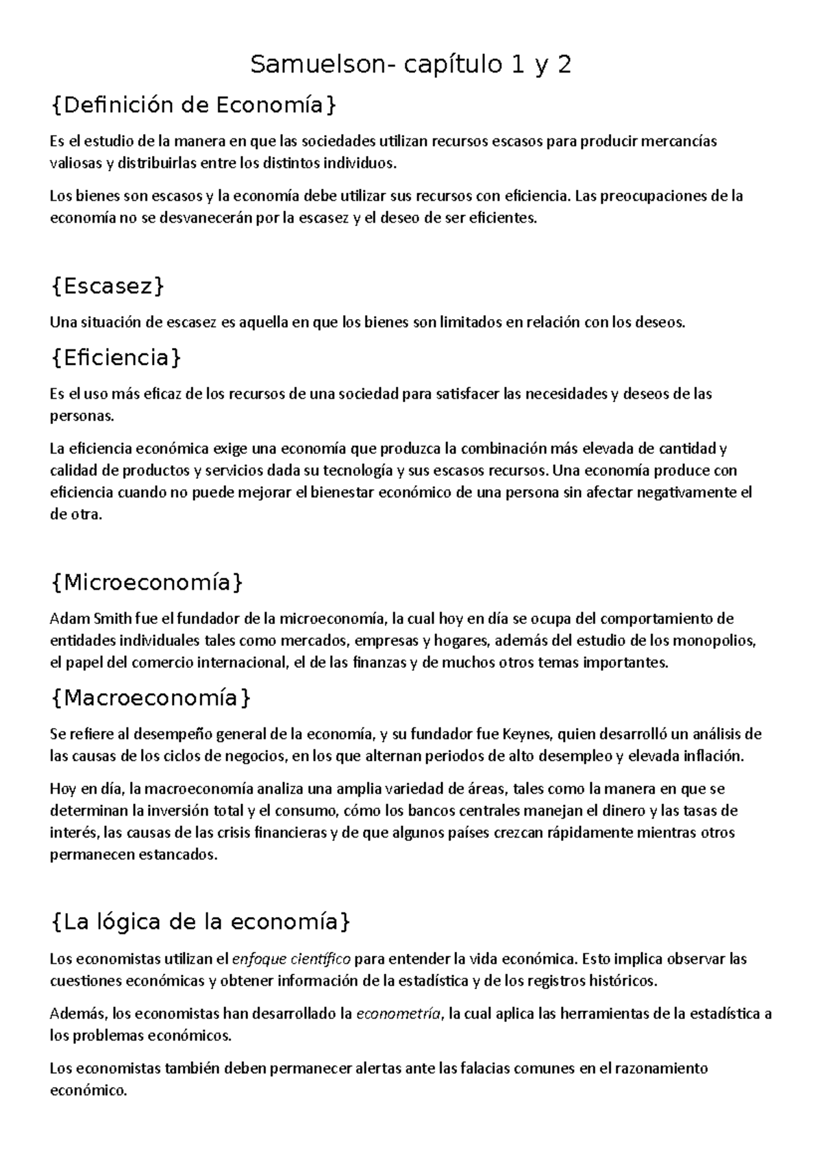 Resumen Samuelson cap 1 y 2 parcial 1 eeee - Samuelson- capítulo 1 y 2 {Definición de Economía ...