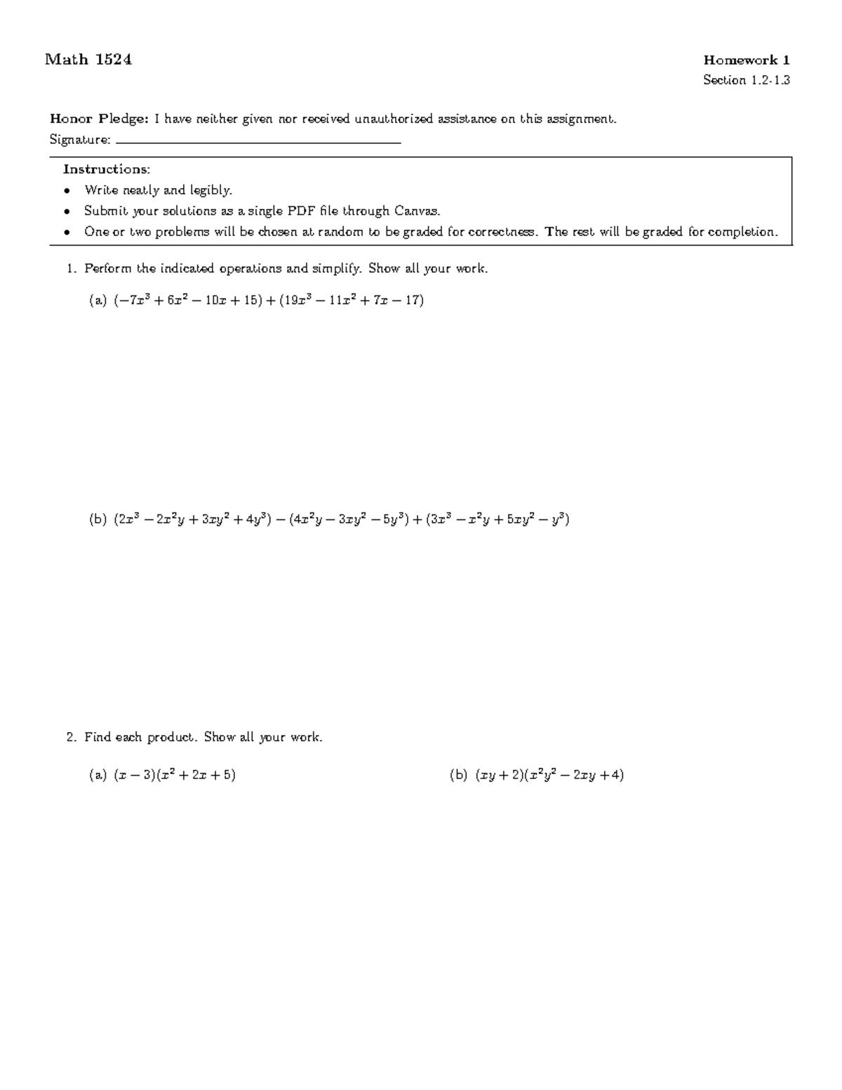 Homework 1 - Math 1524 Homework 1 Section 1-1. Honor Pledge: I have ...