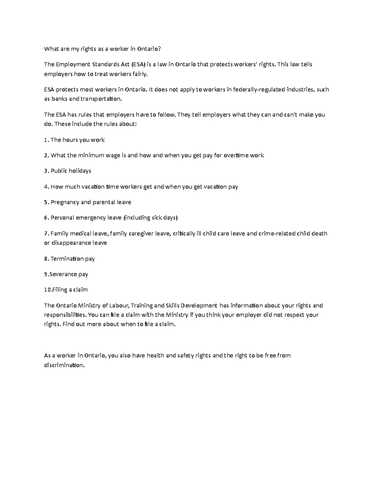 Rights of workers - What are my rights as a worker in Ontario? The ...