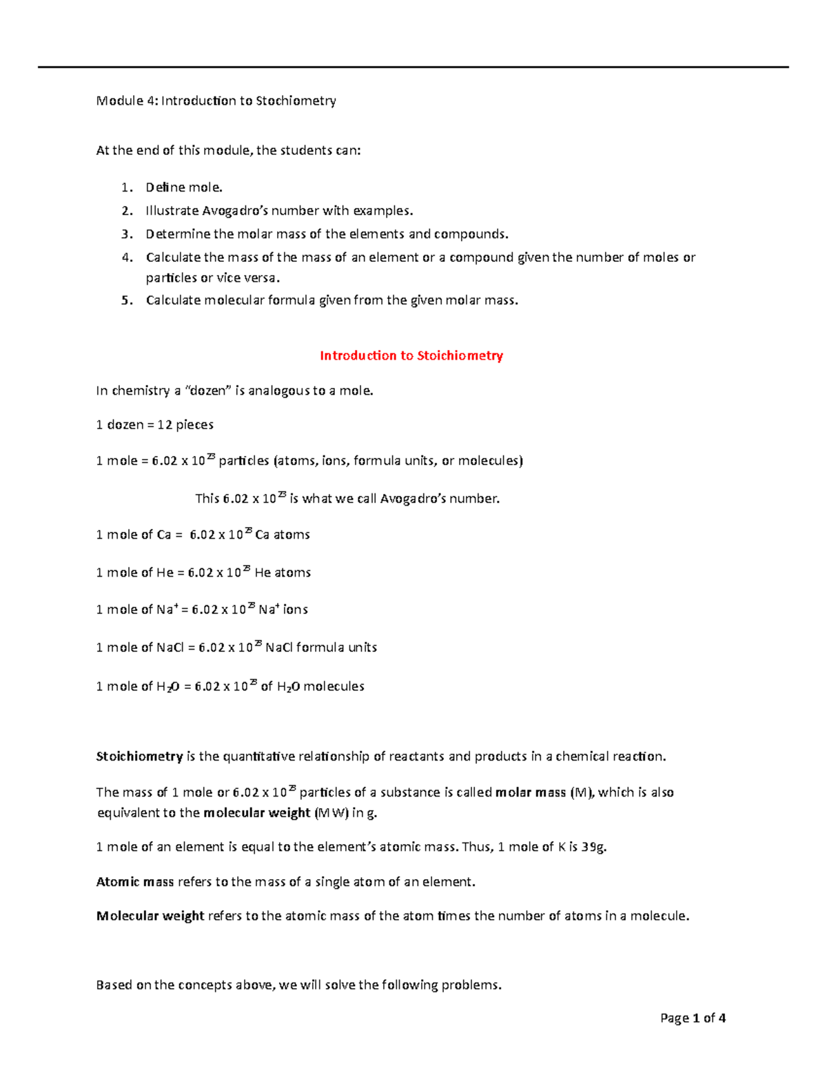 Module 4 Introduction to Stoichiometry - Module 4: Introduction to ...