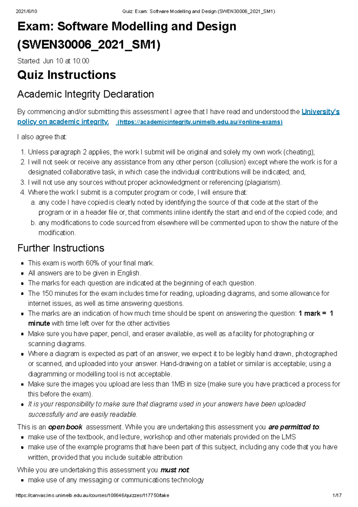 2021S1SMD - final exam - Exam: Software Modelling and Design (SWEN30006_2021_SM1) Started: Jun ...