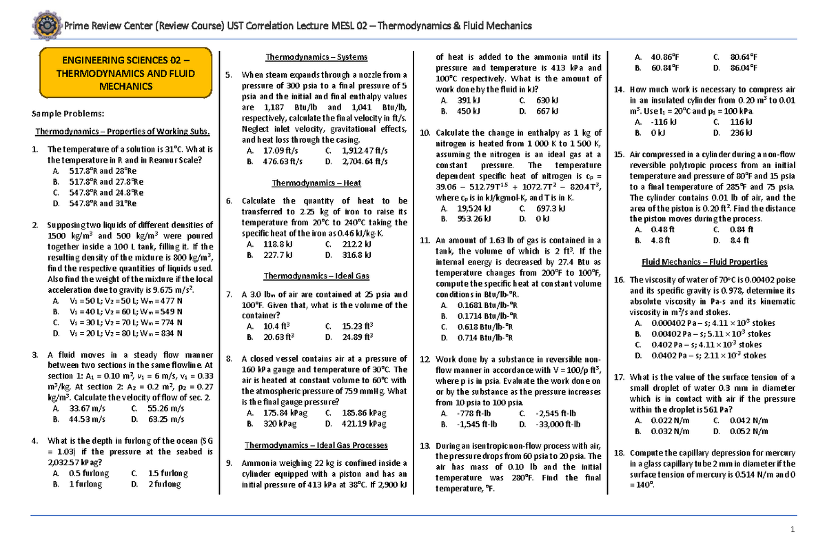 Correlation Lecture MESL 02 Thermodynamics Fluid Mechanics - Prime Review Center (Review Course ...