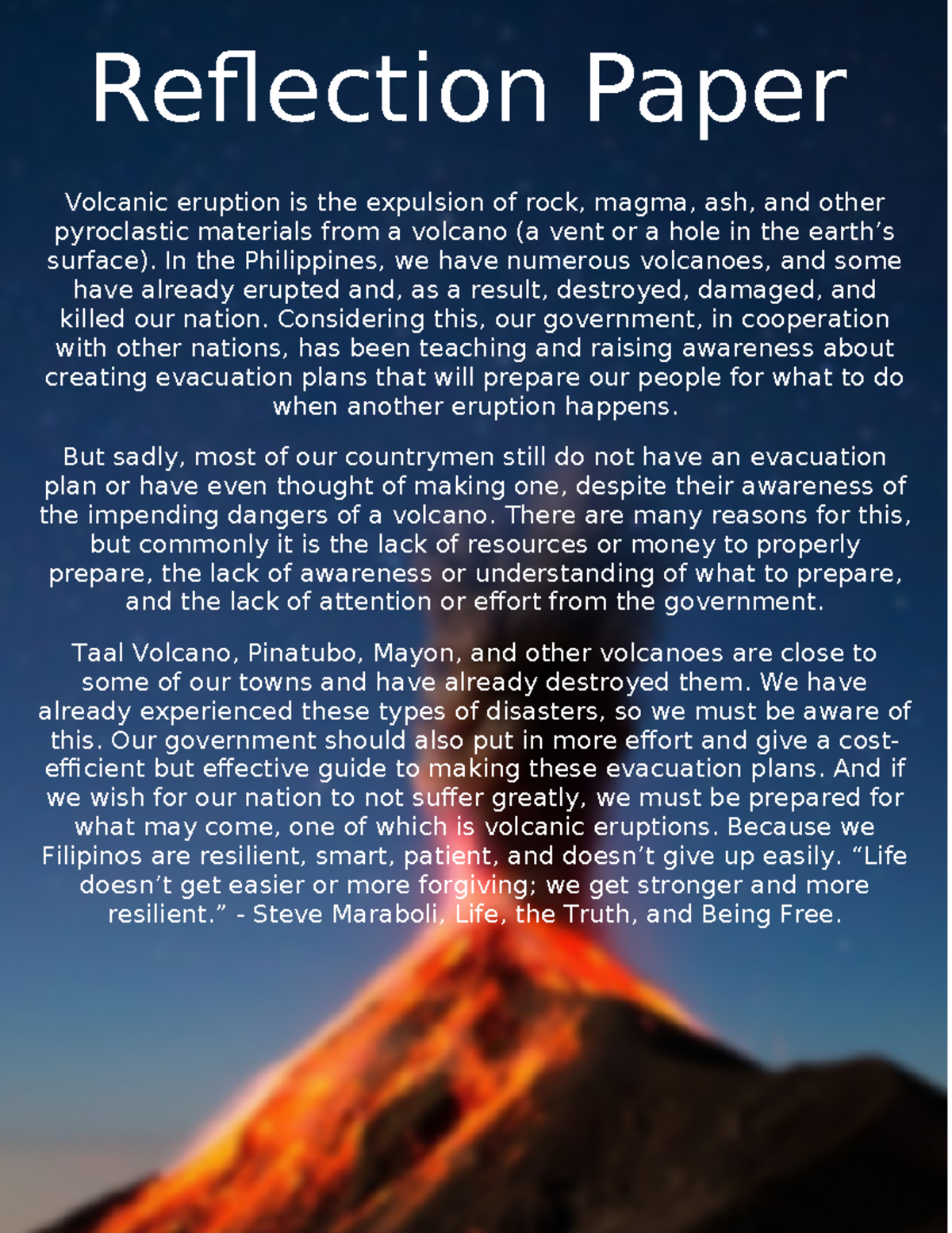 Doc1 - Reflection Paper Volcanic eruption is the expulsion of rock, magma, ash, and other - Studocu
