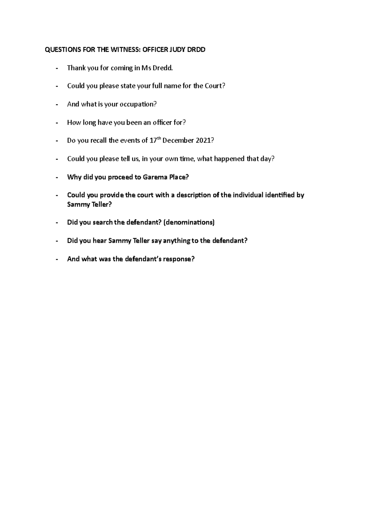 Evidence Prosecution Questions - QUESTIONS FOR THE WITNESS: OFFICER ...