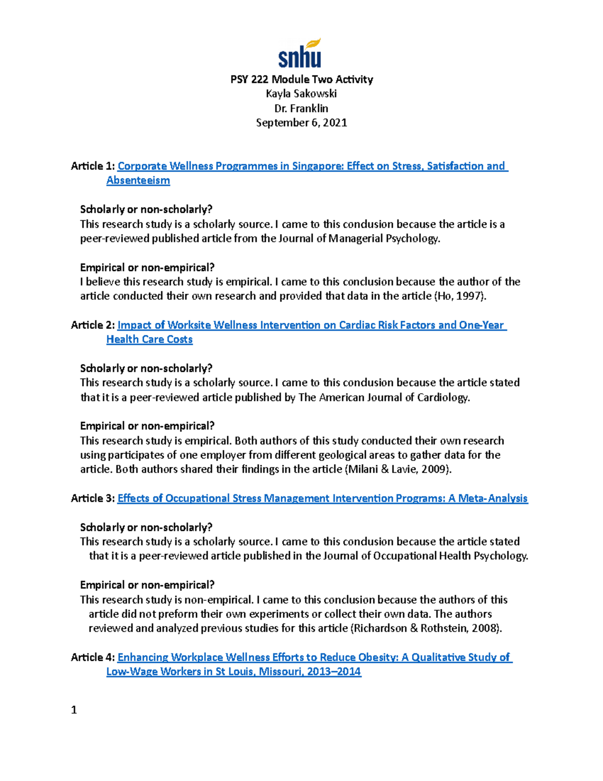 PSY222 Module Two Activity - PSY 222 Module Two Activity Kayla Sakowski ...