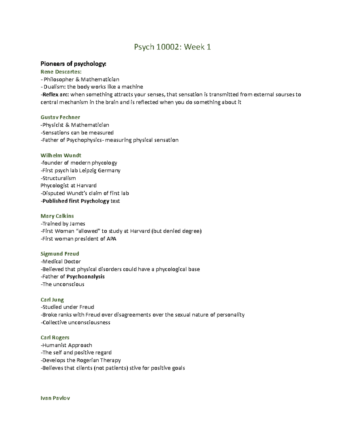 Psych video notes - Psych 10002: Week 1 Pioneers of psychology: Rene ...