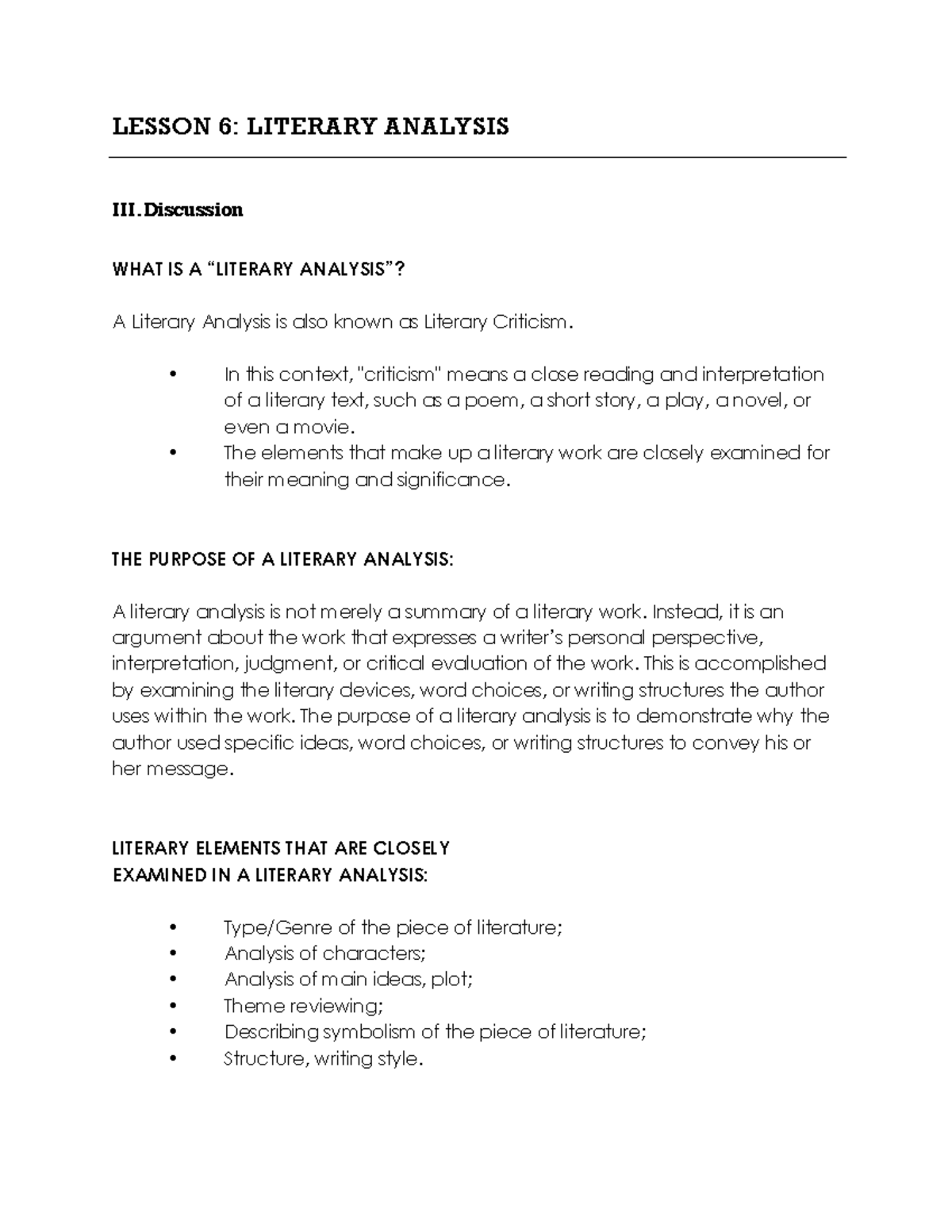 L6 LITT Handout - LESSON 6: LITERARY ANALYSIS - LESSON 6: LITERARY ...
