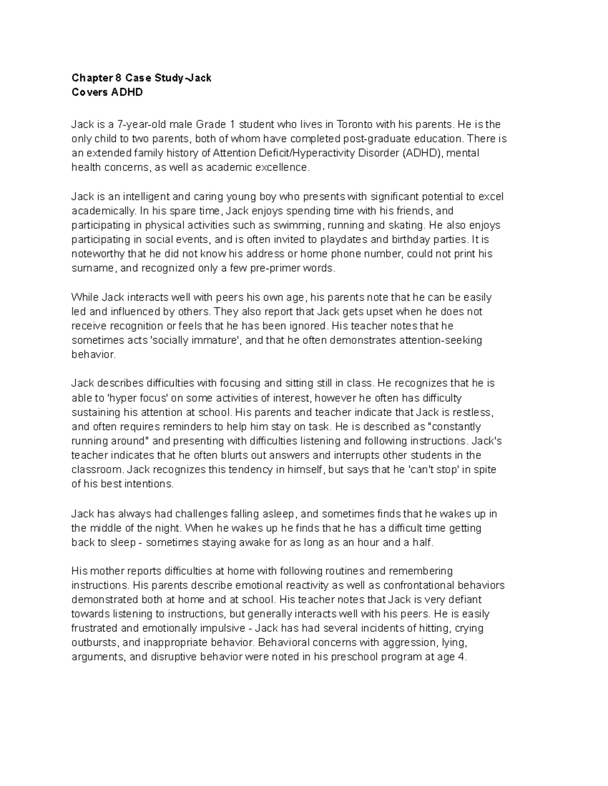 Chapter 8 Case Study-Jack - Chapter 8 Case Study-Jack Covers ADHD Jack ...