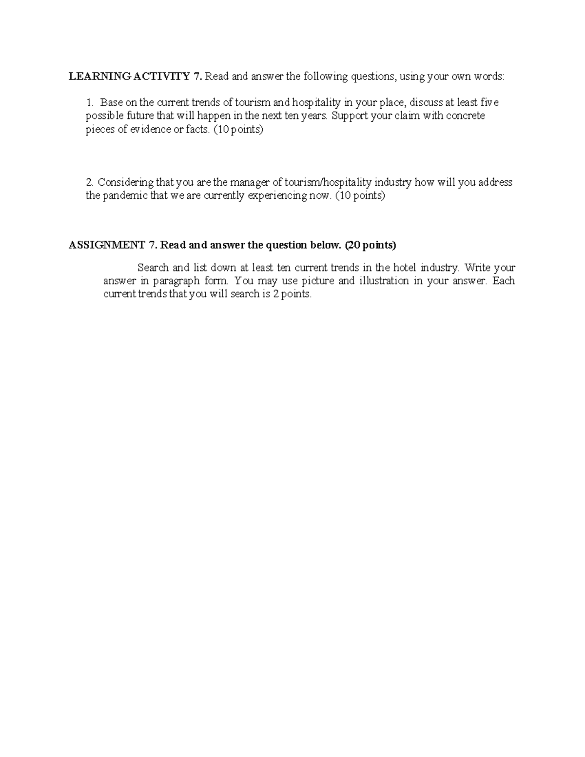 Learning Activity and Assignment 7 - LEARNING ACTIVITY 7. Read and ...