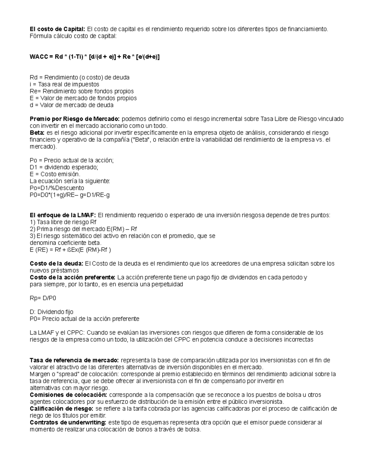 Resumen Administracion Financiera - El costo de Capital: El costo de capital es el rendimiento ...