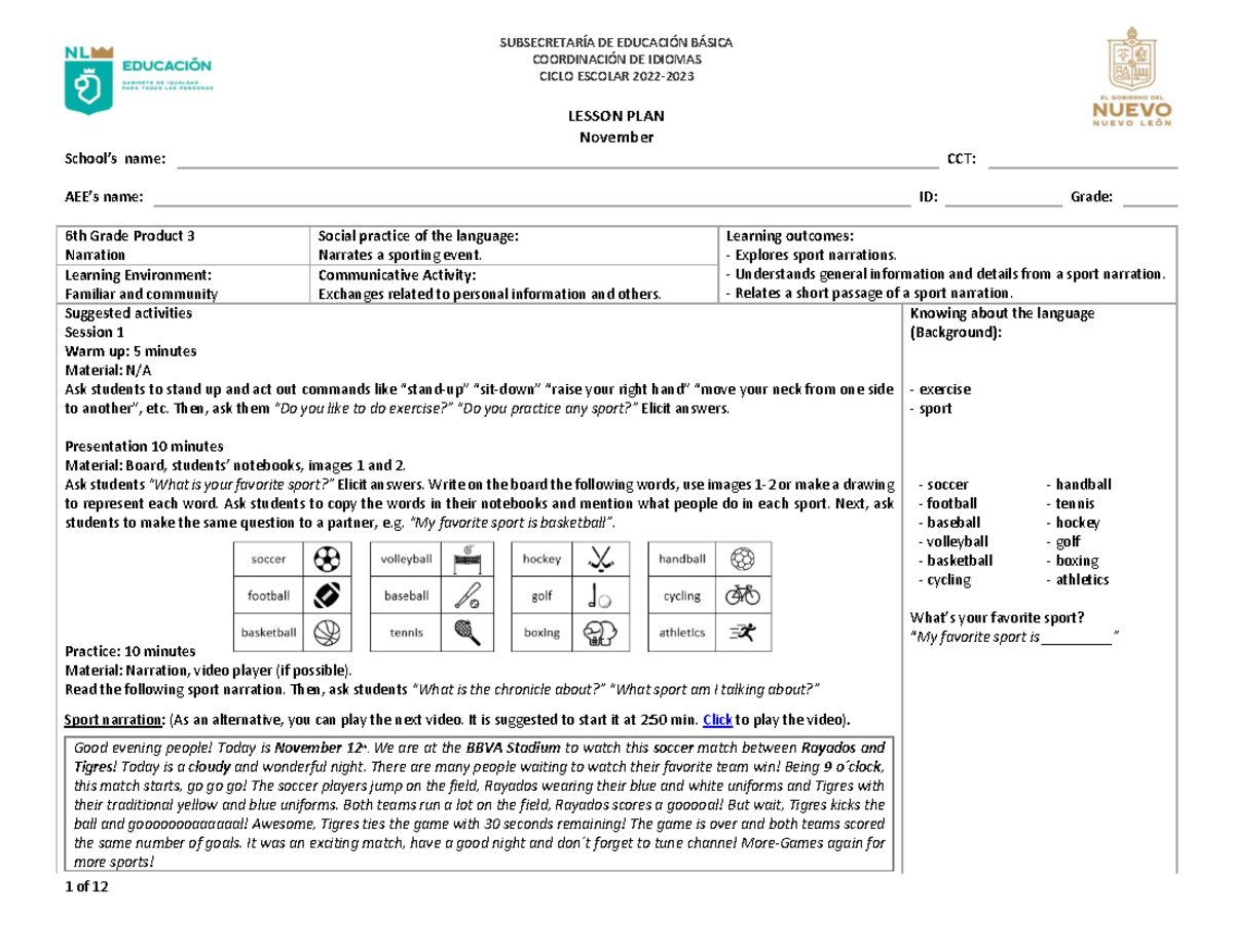 6th Grade Lesson Plan November - SUBSECRETARÍA DE EDUCACIÓN BÁSICA ...