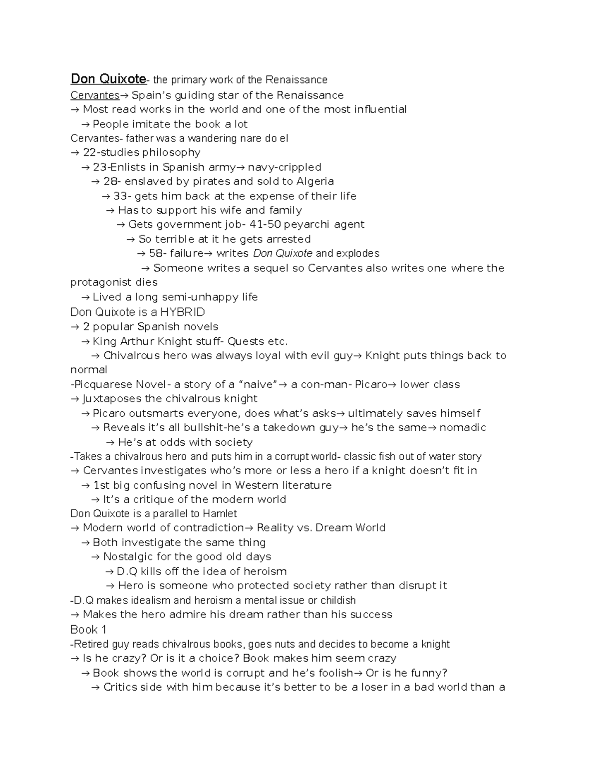 Don Quixote Lecture Notes for World Lit Survey One with Professor ...