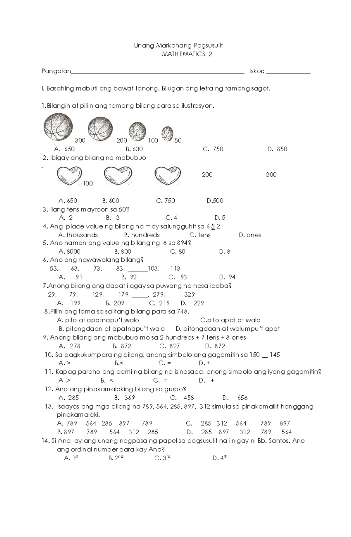 Grade 2 - thia could help - Unang Markahang Pagsusulit MATHEMATICS 2 ...