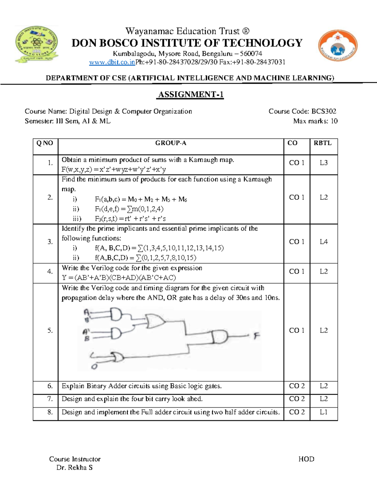 3-sem - Assignment of internal assessment 1 module 1&2 - Wayanamac Education Trust ® DON BOSCO ...