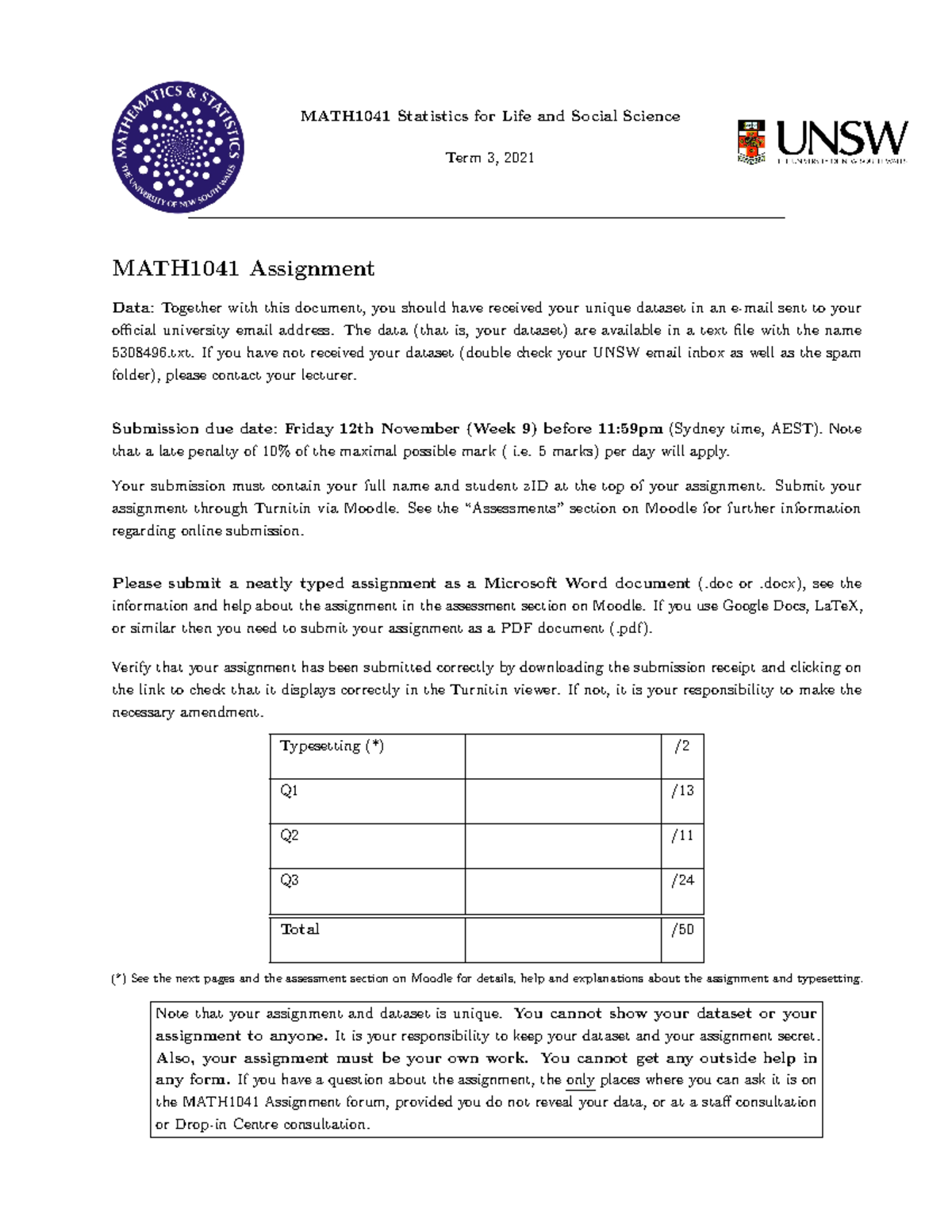 MATH1041 2021 assignment - MATH1041 Statistics for Life and Social ...